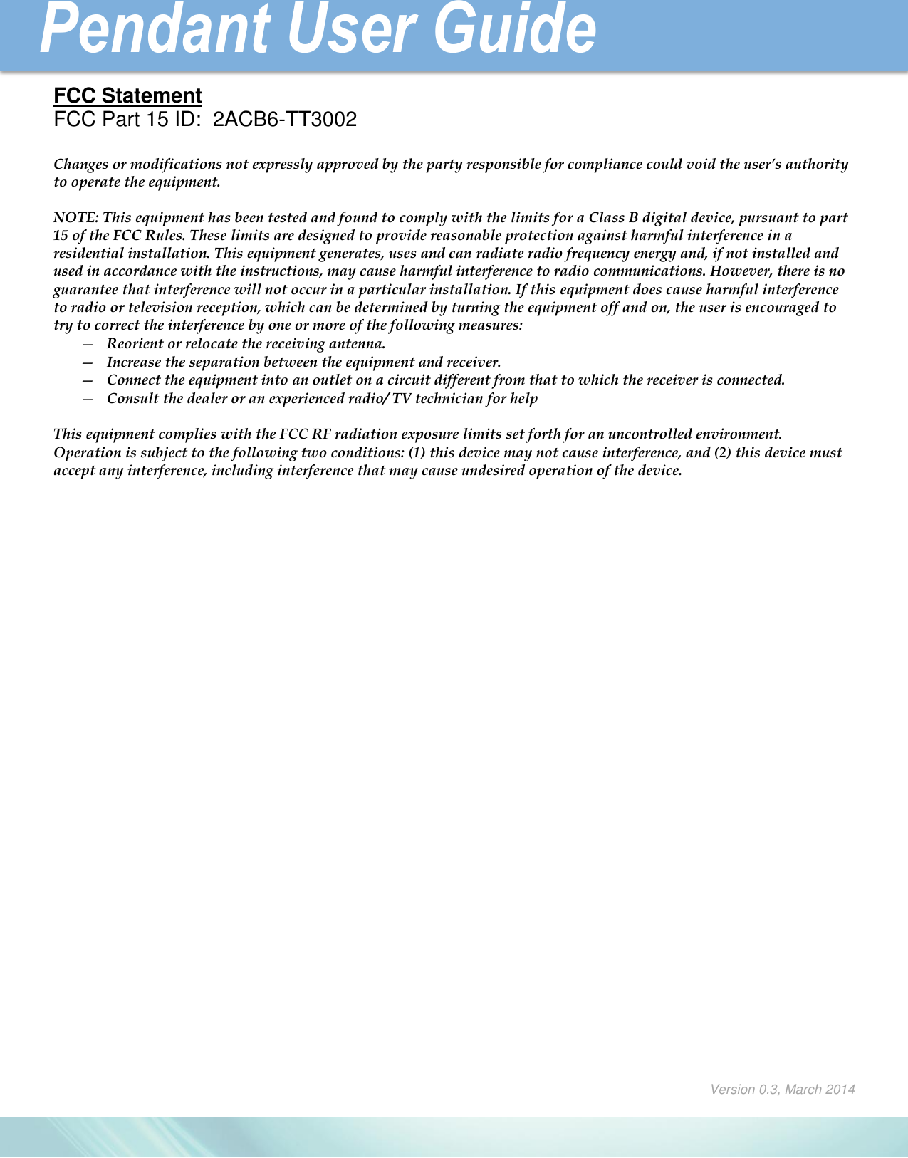 Touchtown TT3002 Attendant Ecosystem Pendant User Manual User Guide