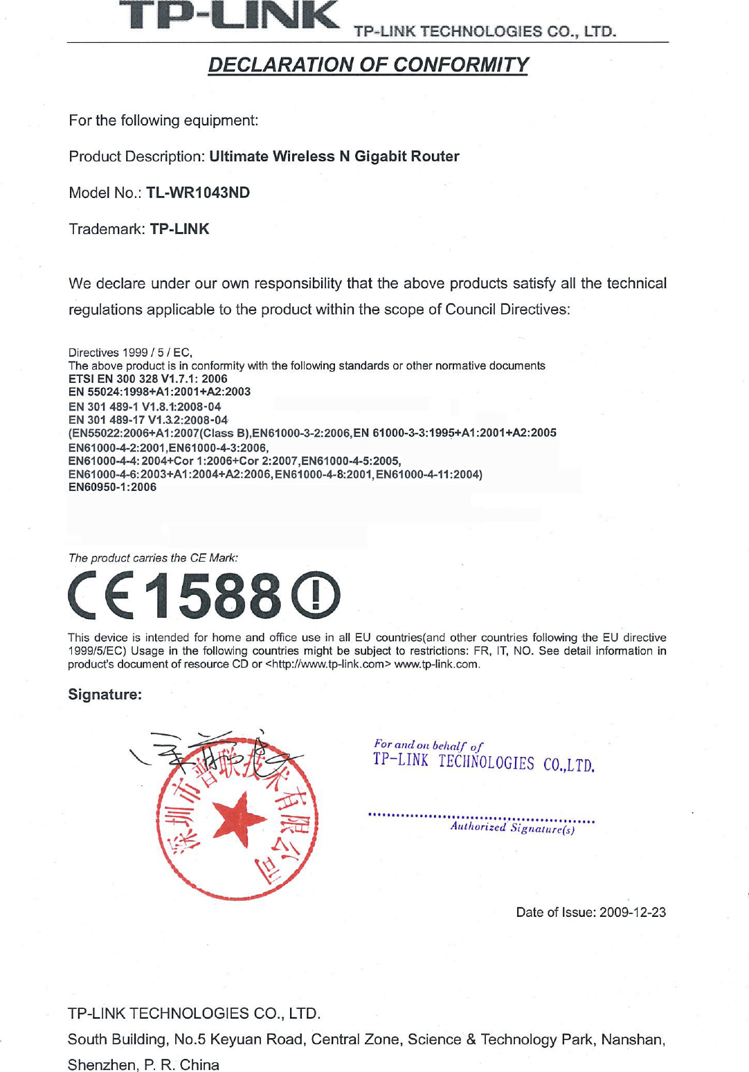 Tp Link Tl Wr1043Nd V1 Declaration Of Conformity