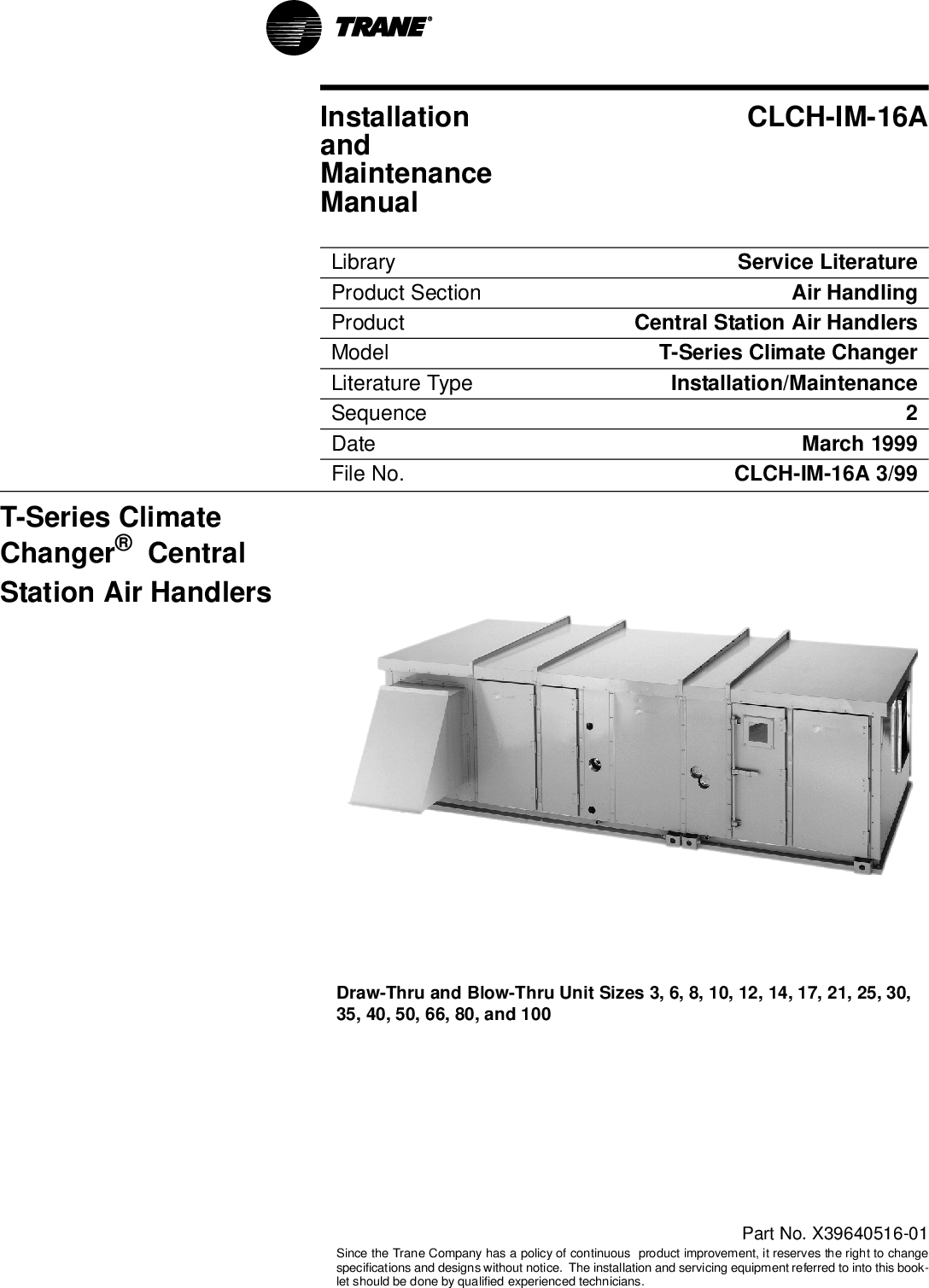 Trane X39640516 01 T Series Climate Changer ® Central Station Air ...