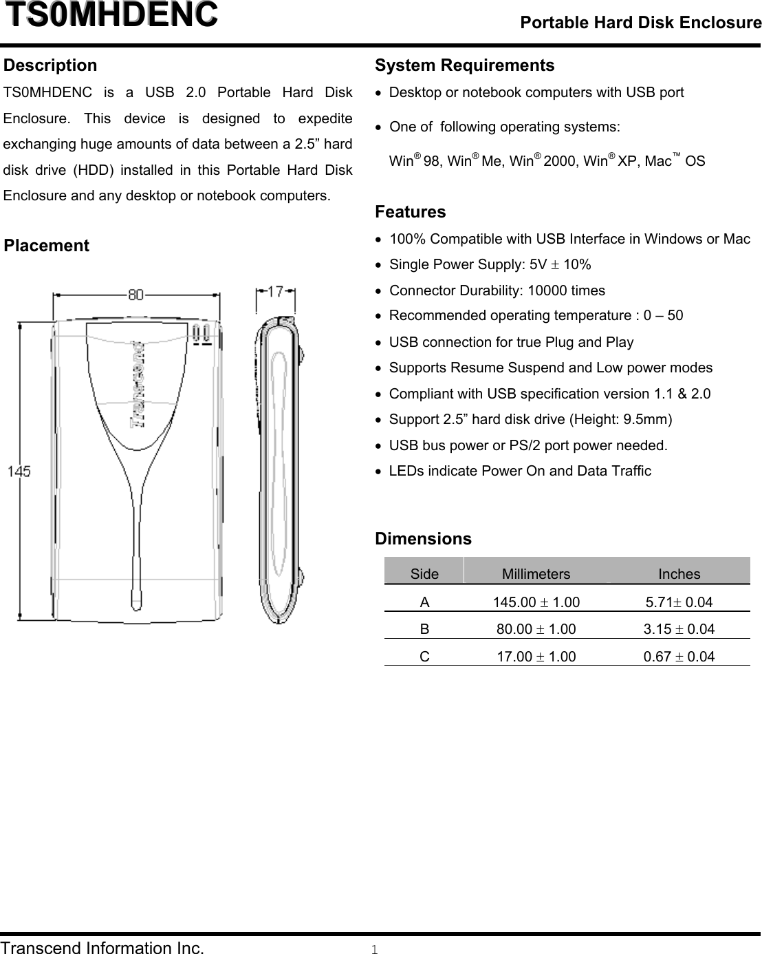 Transcend Information Portable Hard Disk Enclosure Ts0Mhdenc Users ...