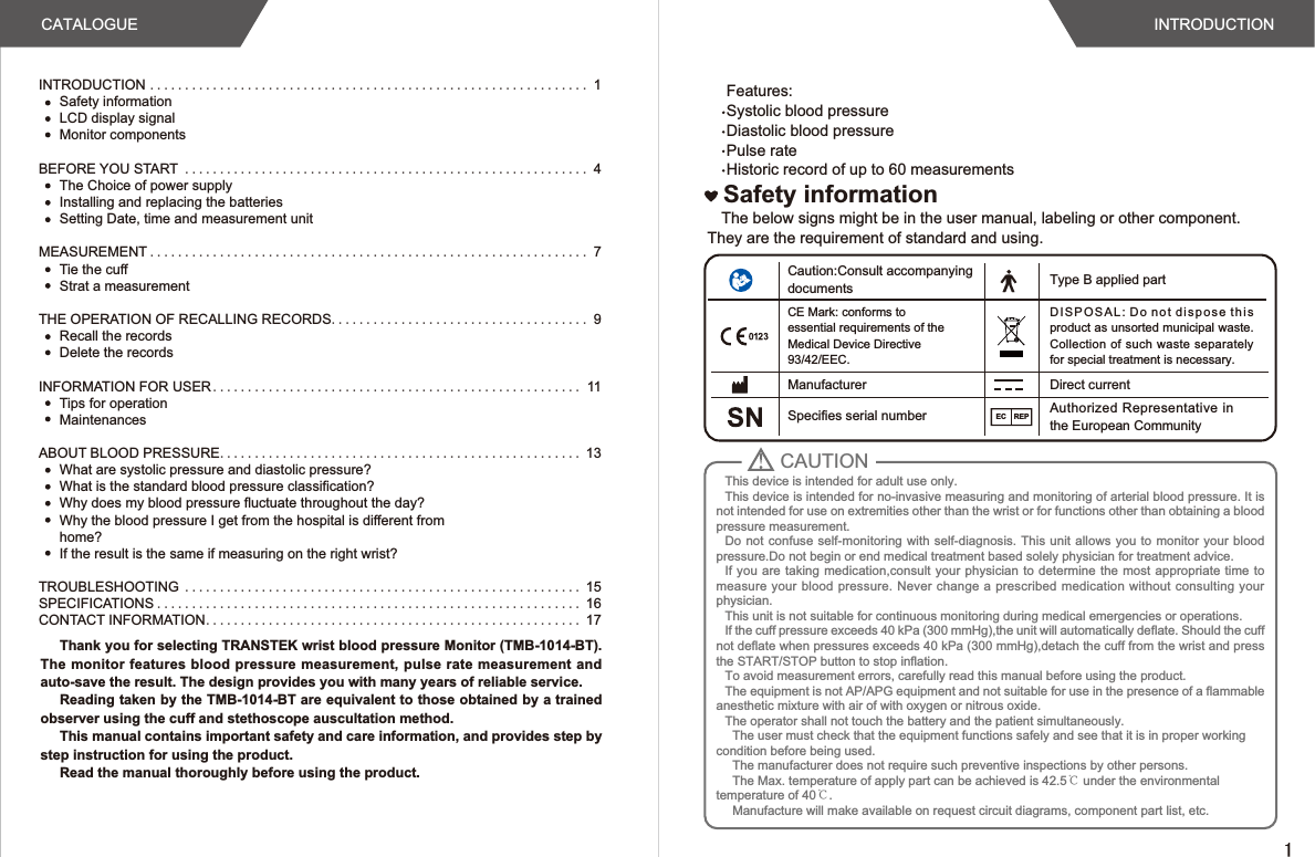 Transtek Medical Electronics TMB1014BT BLOOD PRESSURE MONITOR User Manual