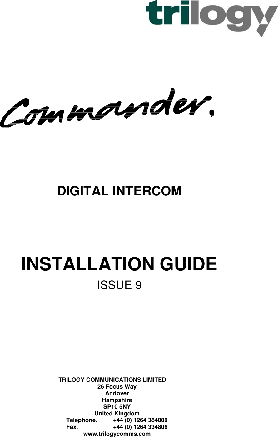 Trilogy Touch Technology Commander Digital Intercom 9 Users Manual ...