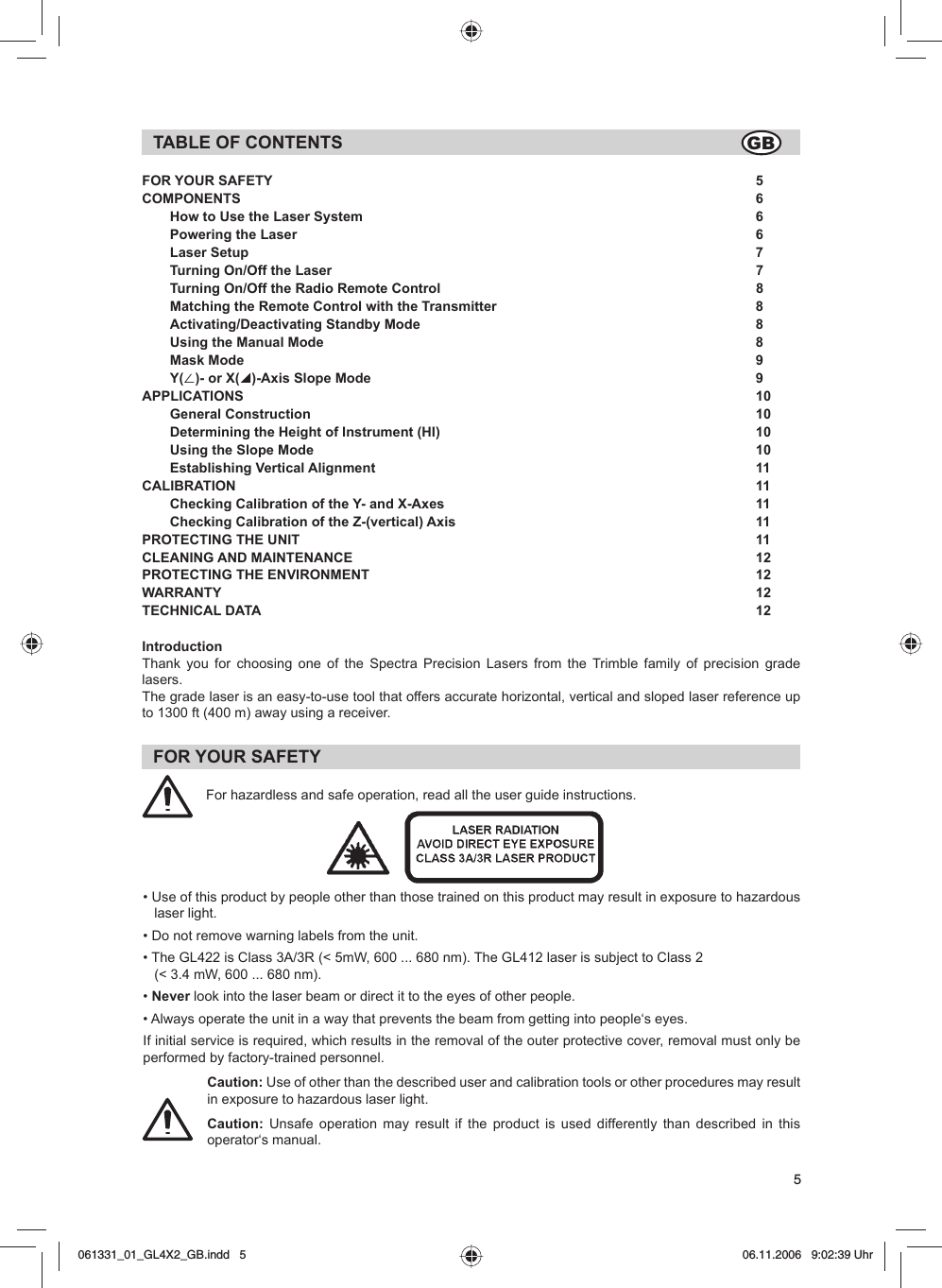 Trimble GL4XX Lazer Level System User Manual 061331 01 GL4X2 GB indd