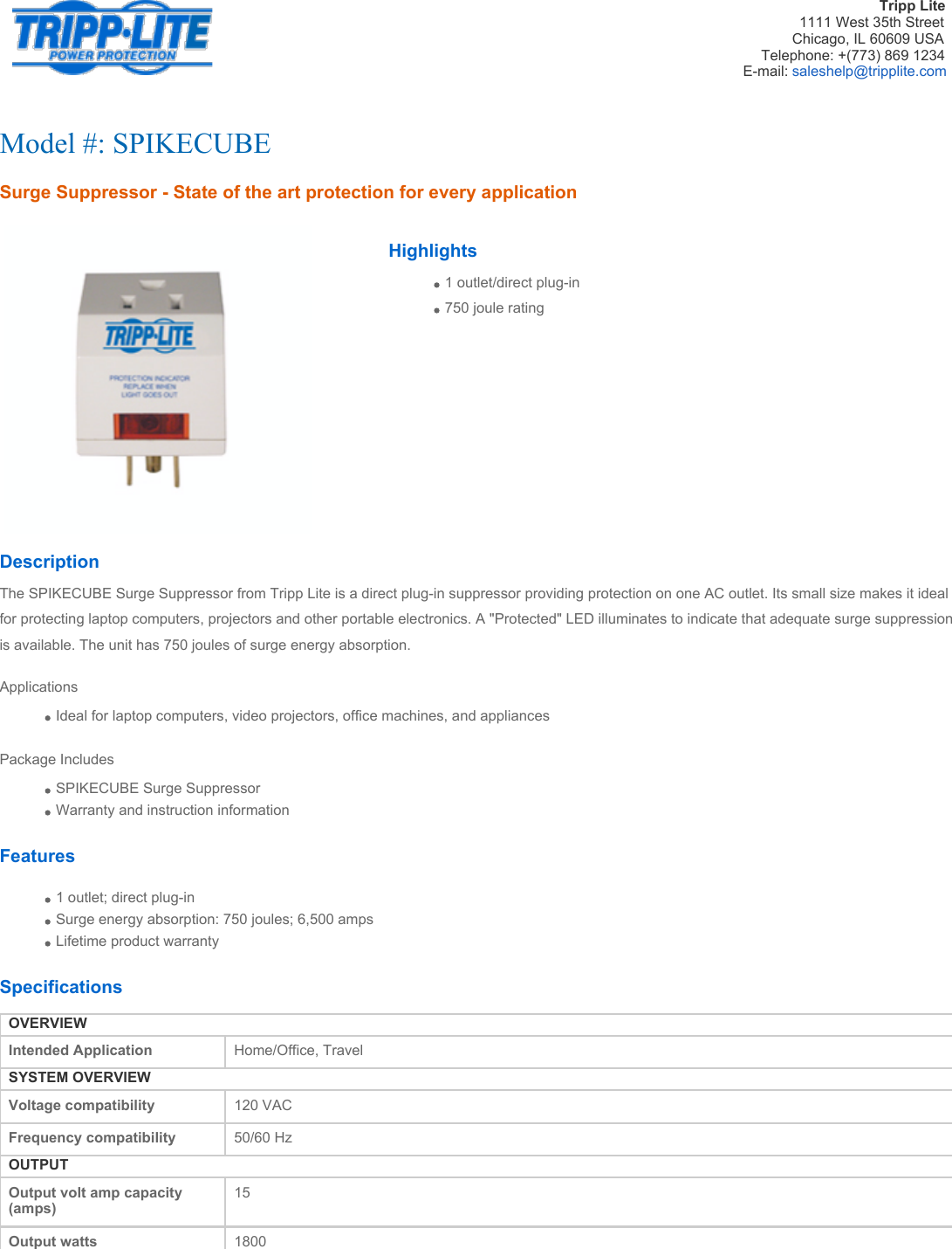 Tripp Lite Spikecube Users Manual