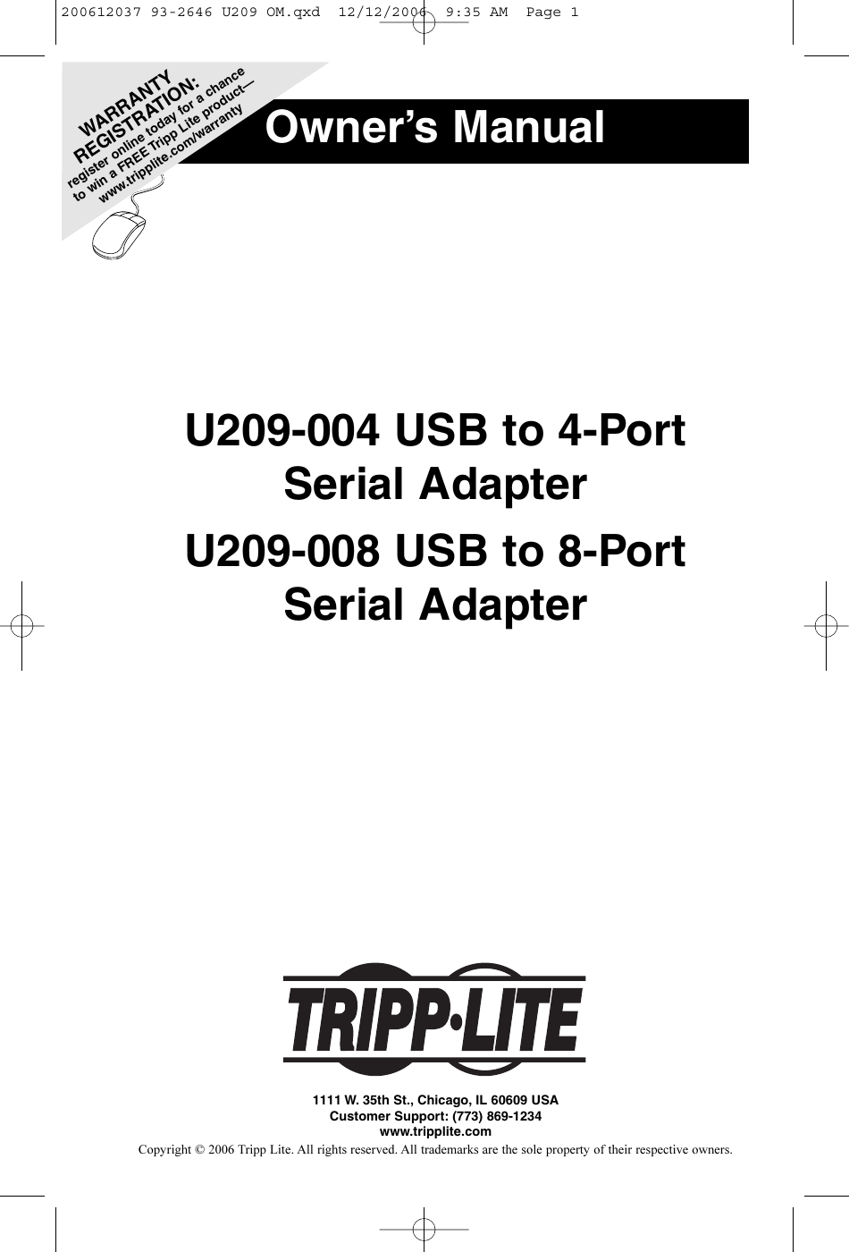 Tripp Lite Usb To 8 Port Serial Adapter U209 008 Users Manual 200612037 ...