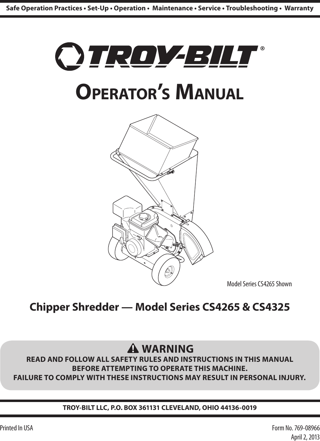 Troy Bilt Cs 4265 Chipper Shredder Owner S Manual