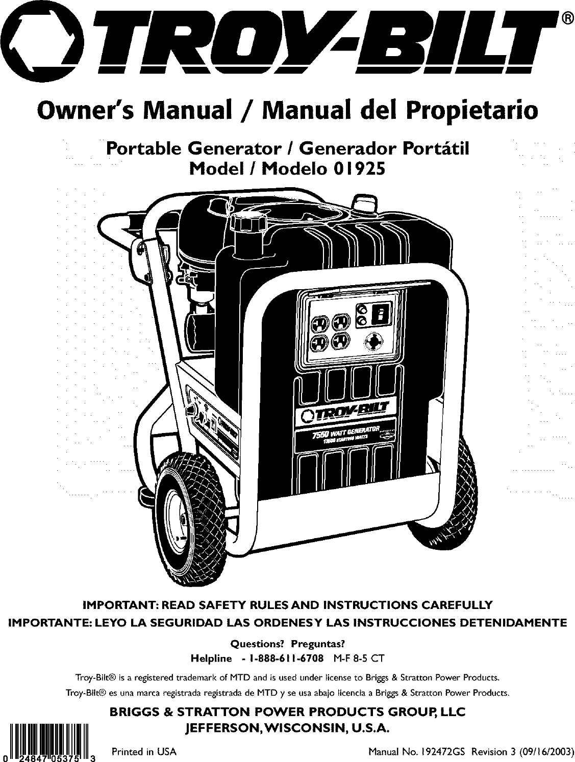 Troybilt 01925 User Manual GENERATOR Manuals And Guides L0404011