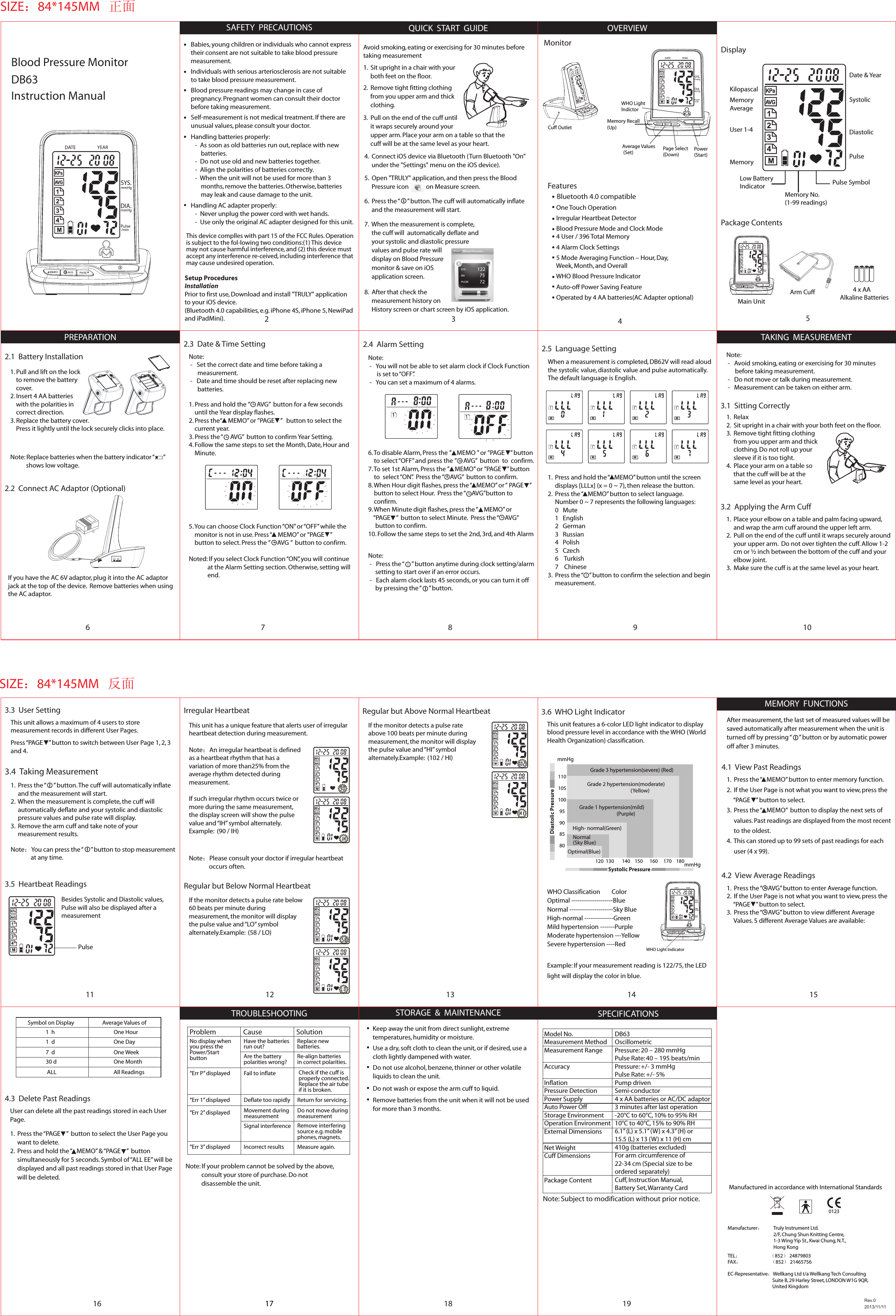 Truly Instrument DB63 BLOOD PRESSURE MONITOR User Manual 61M 1