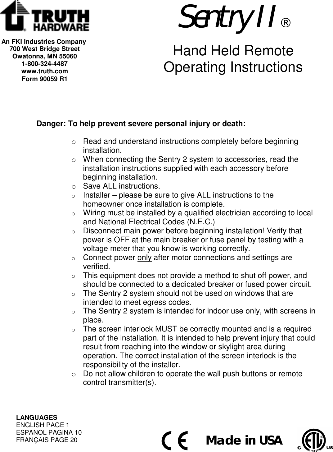 Truth Hardware 4353 Sentry II Hand Held Remote User Manual