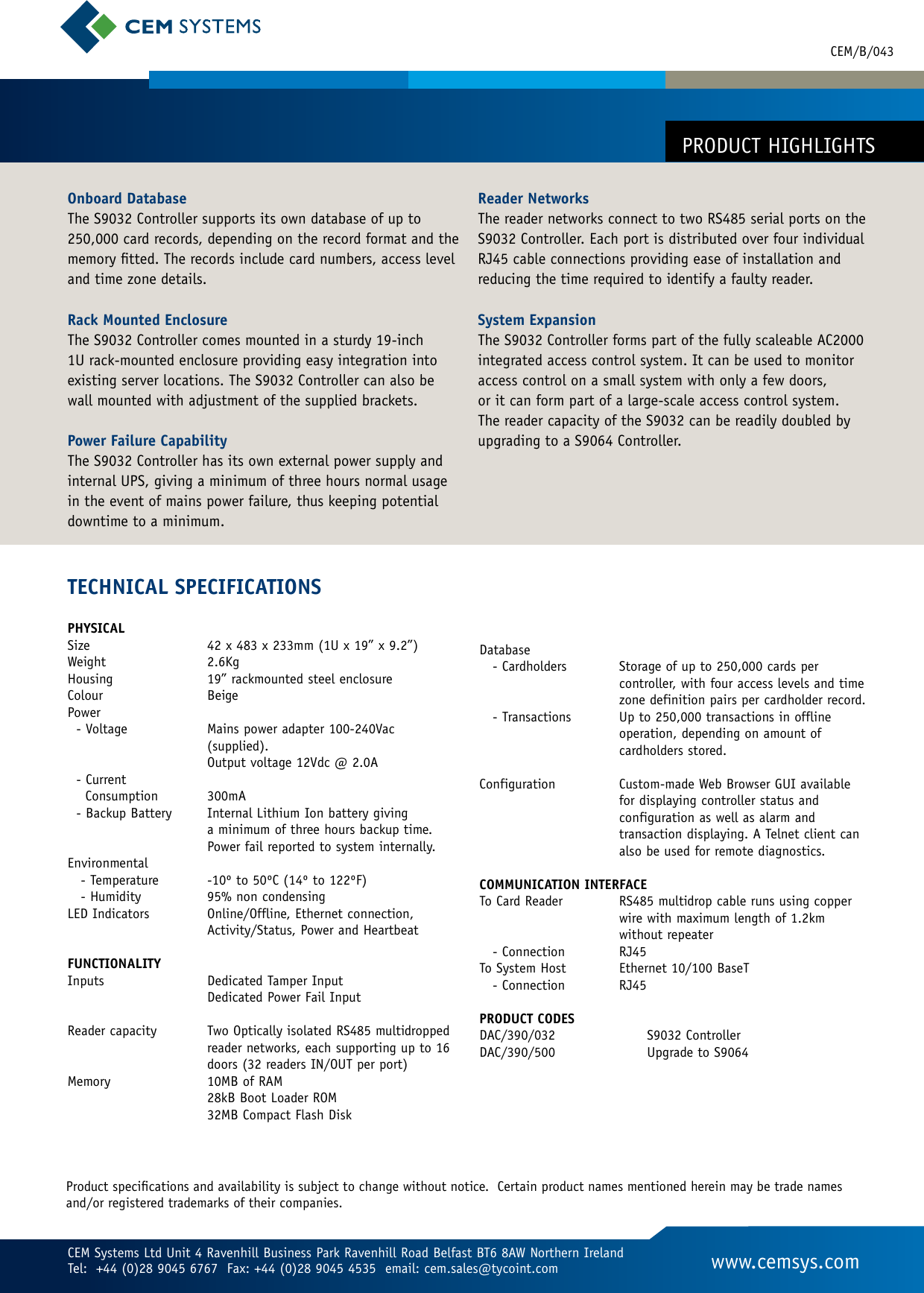 Tyco Cem Systems S9032 Users Manual