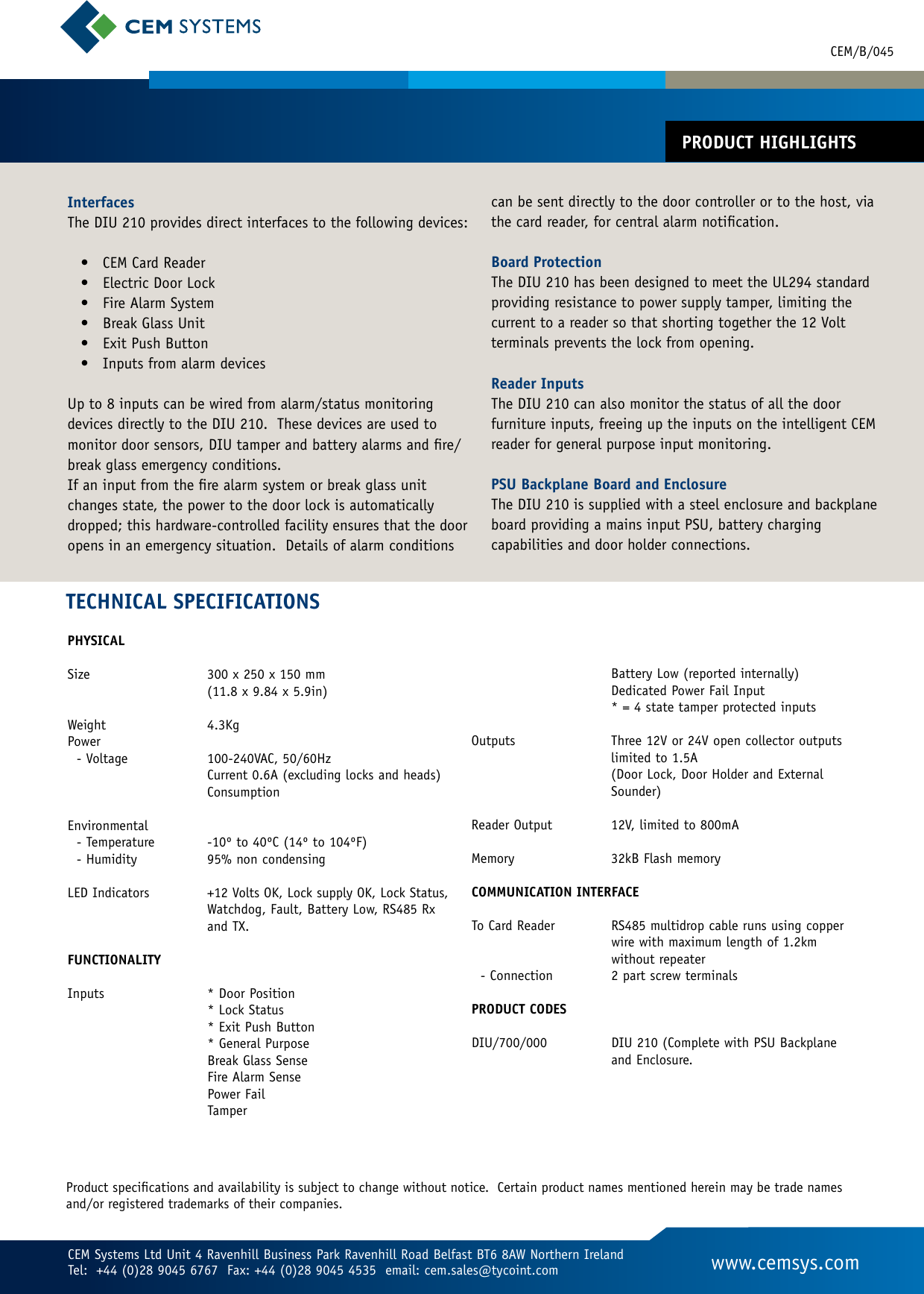 Tyco Door Interface Unit Diu 210 Users Manual