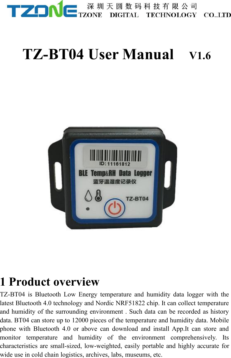 Tzone Digital Technology TZBT04 Bluetooth Temperature and humidity Data Logger User Manual TZ Tag04