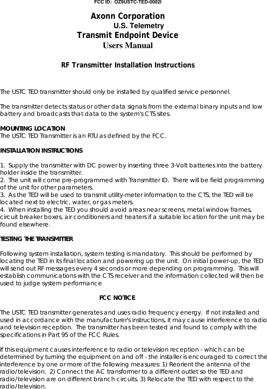 U S Telemetry USTC-TED-002I RTU Meter Telemetry Device User Manual 00 ...