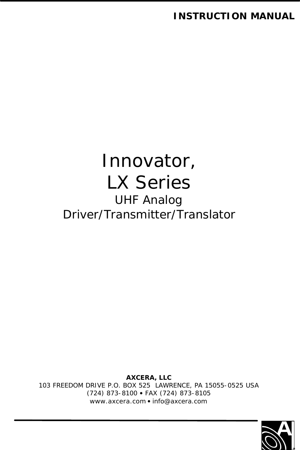 UBS Axcera LU6000AL 6000-Watt UHF Translator User Manual TITLE PAGE