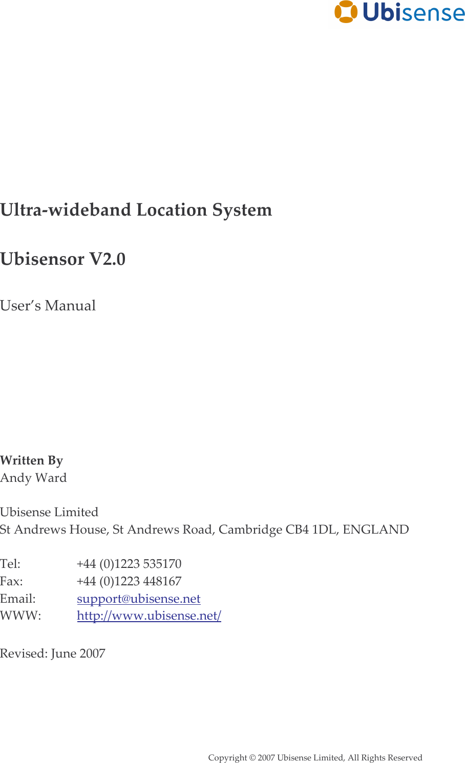 Ubisense Americas SENSOR20 UNISENSOR V2.0 User Manual Ubisensor v2 0
