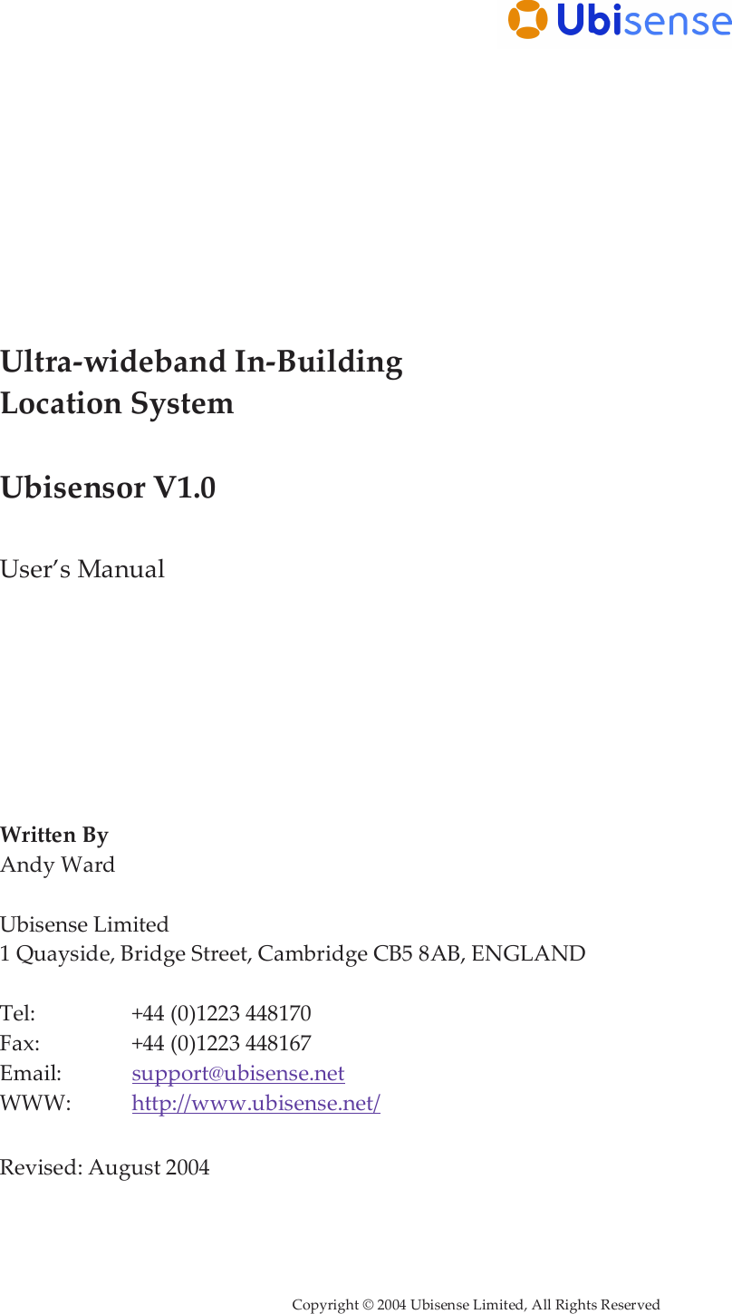 Ubisense UBISENSOR10 Ubitag V1.0 User Manual Ubisensor v1 0