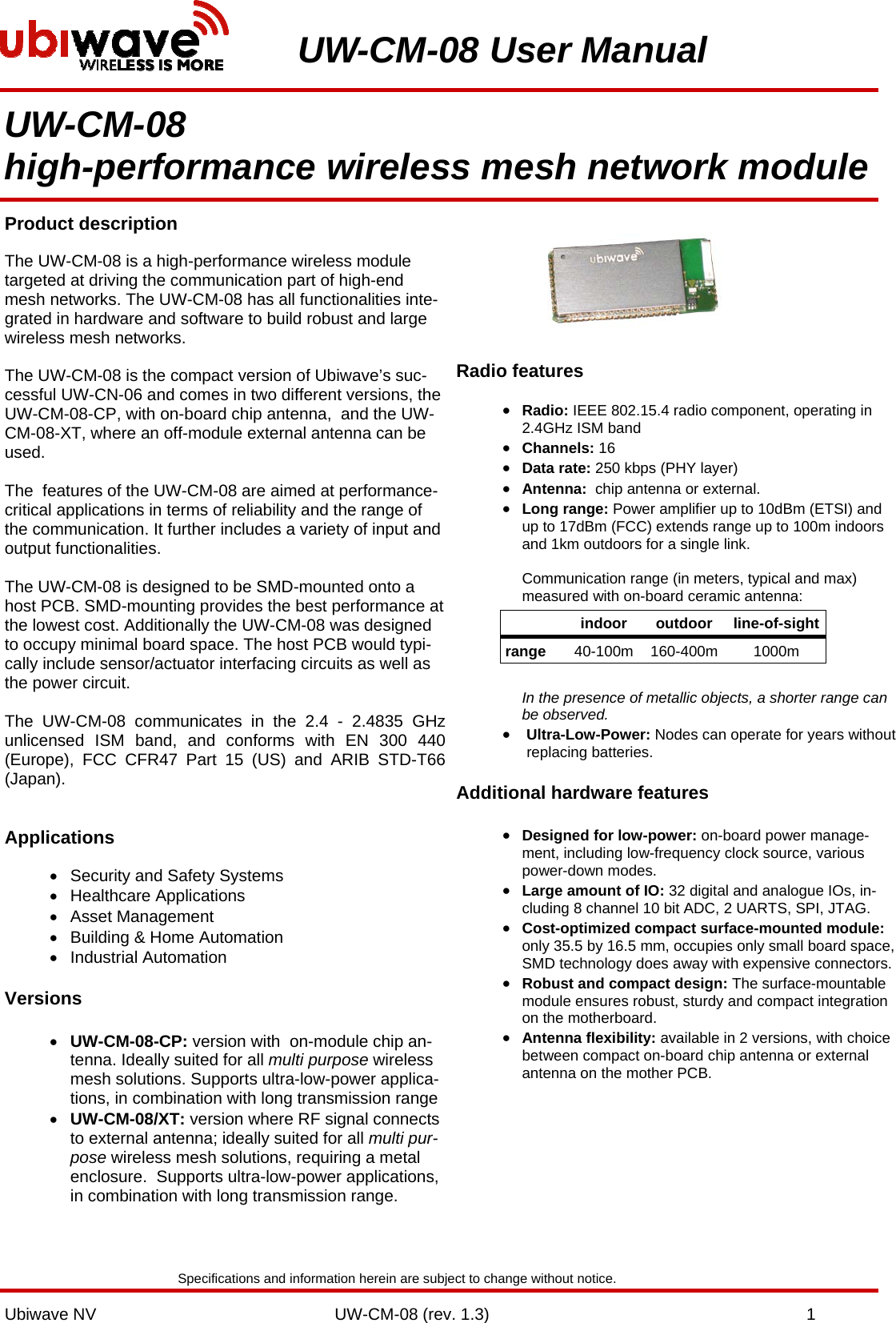 Ubiwave CM-08-24-CP-11 Transceiver Module User Manual UW CN 08 rev1 3 pub