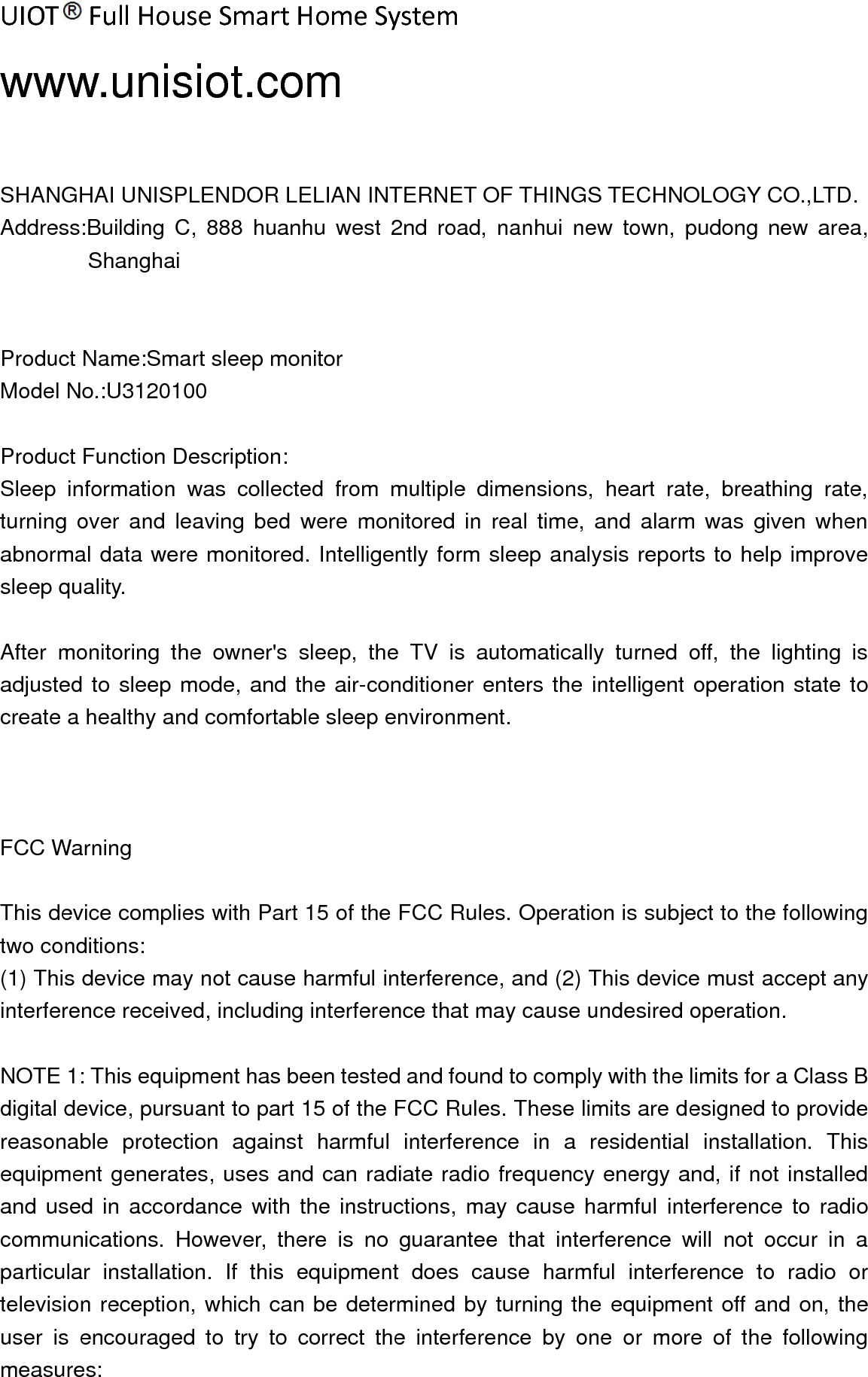 Ultimate IOT U3120100 Smart sleep monitor User Manual
