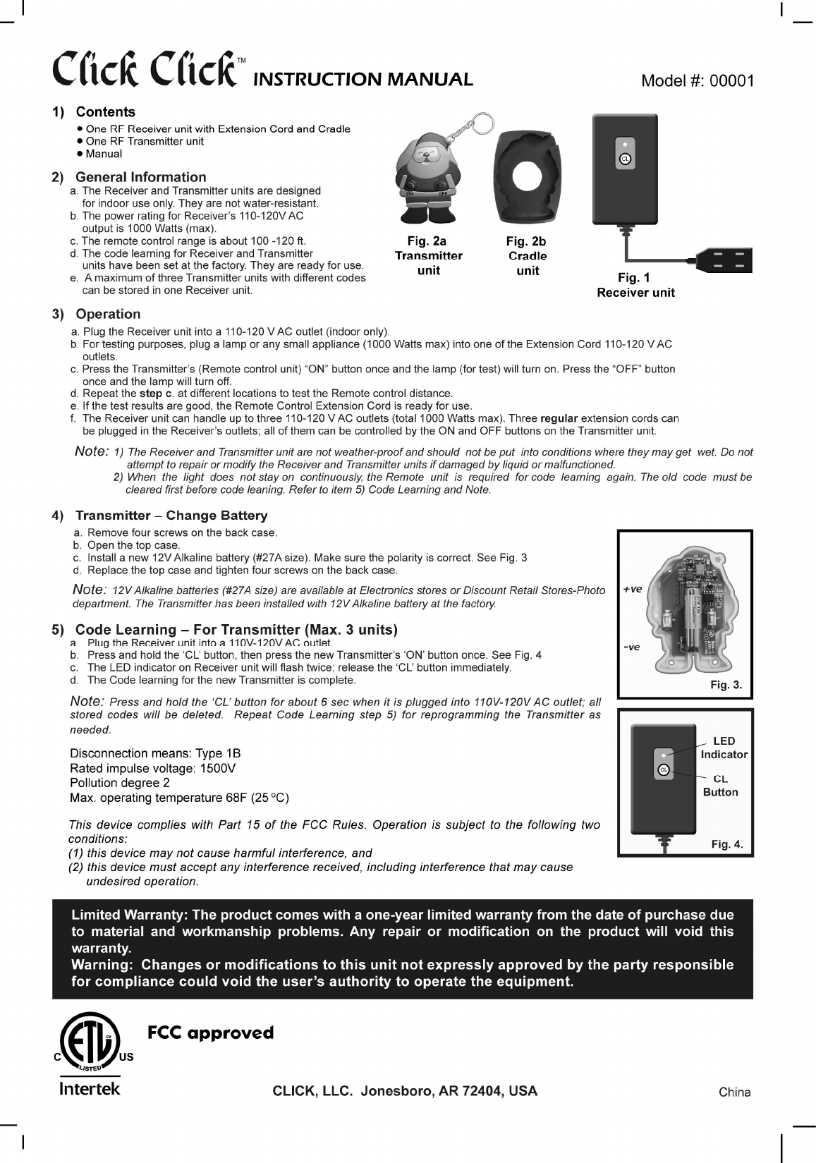 Uni Tat TX-CLICK-LLC Remote Controlled Extension Cord User Manual manual