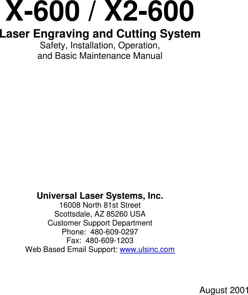 Universal Laser Systems X2 600 Users Manual X600