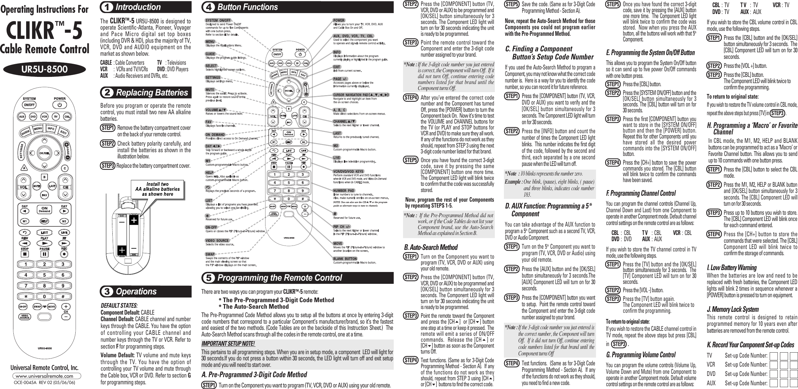 Universal Remote Control Ur5U 8500 Users Manual OCE 0045A_UR5U 8500_55*220