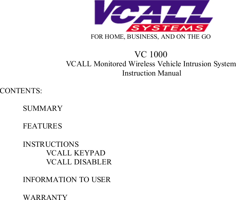 VCall Systems VC100 Car Security RX User Manual 87646