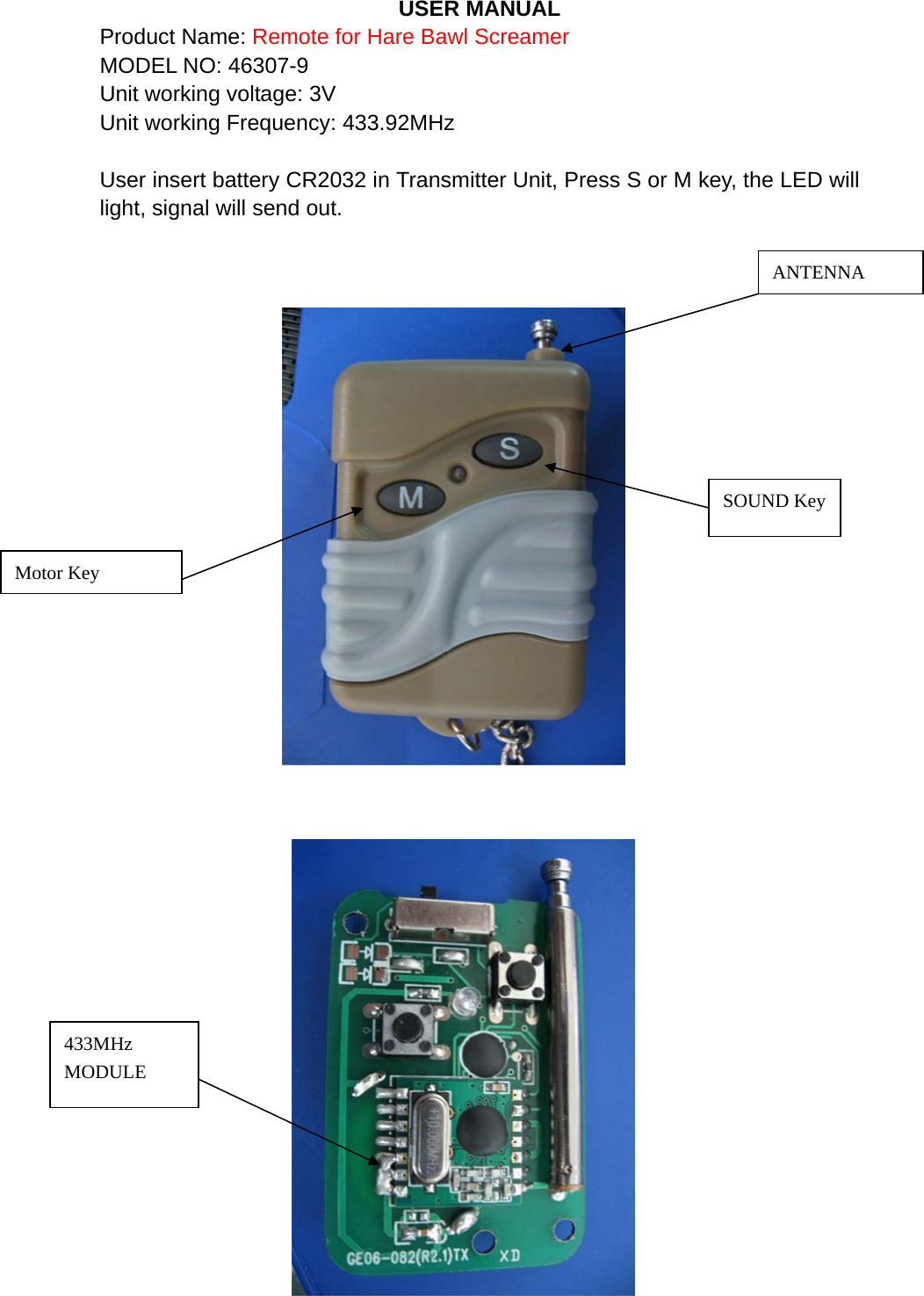 VICTORIA GROUP 46307-9 REMOTE FOR HARE BAWL SCREAMER User Manual USERS ...