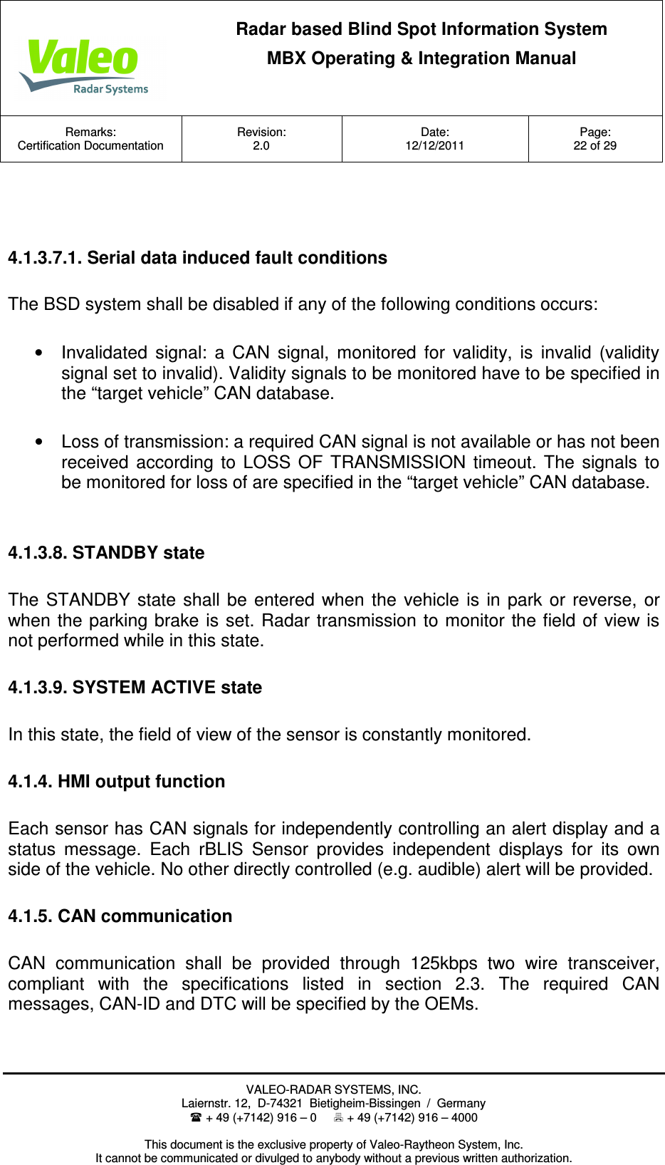 Valeo Raytheon Systems 303919 24GHz Automotive Radar User Manual MBX ...
