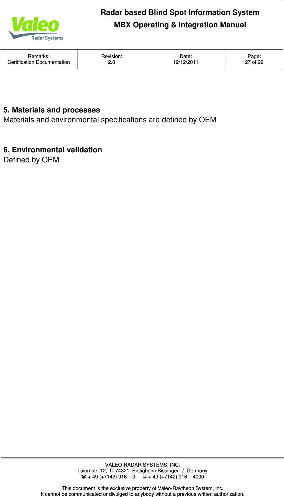 Valeo Raytheon Systems 303919 24GHz Automotive Radar User Manual MBX ...