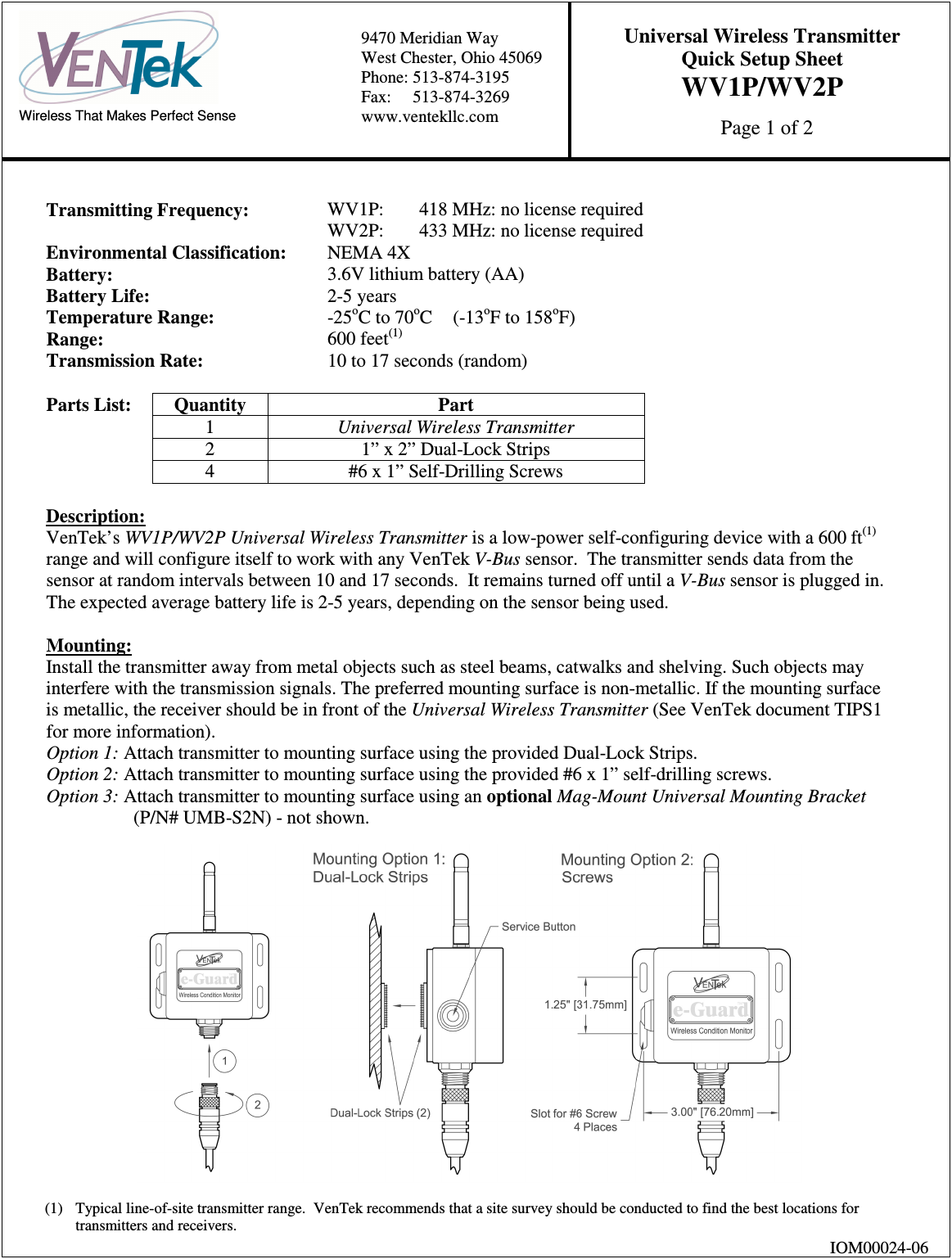 VenTek WV1P Wireless Sensor/Monitor User Manual