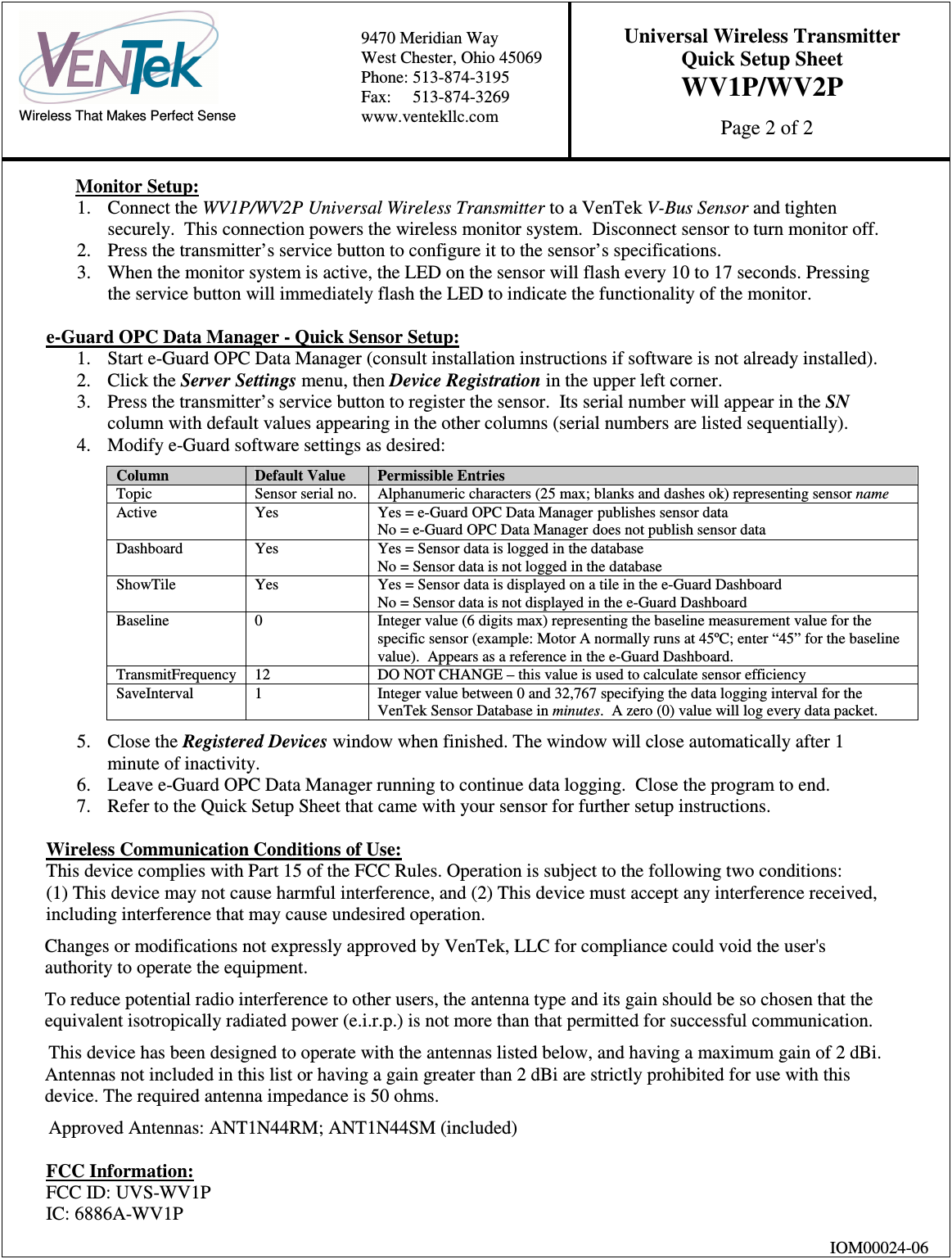 VenTek WV1P Wireless Sensor/Monitor User Manual