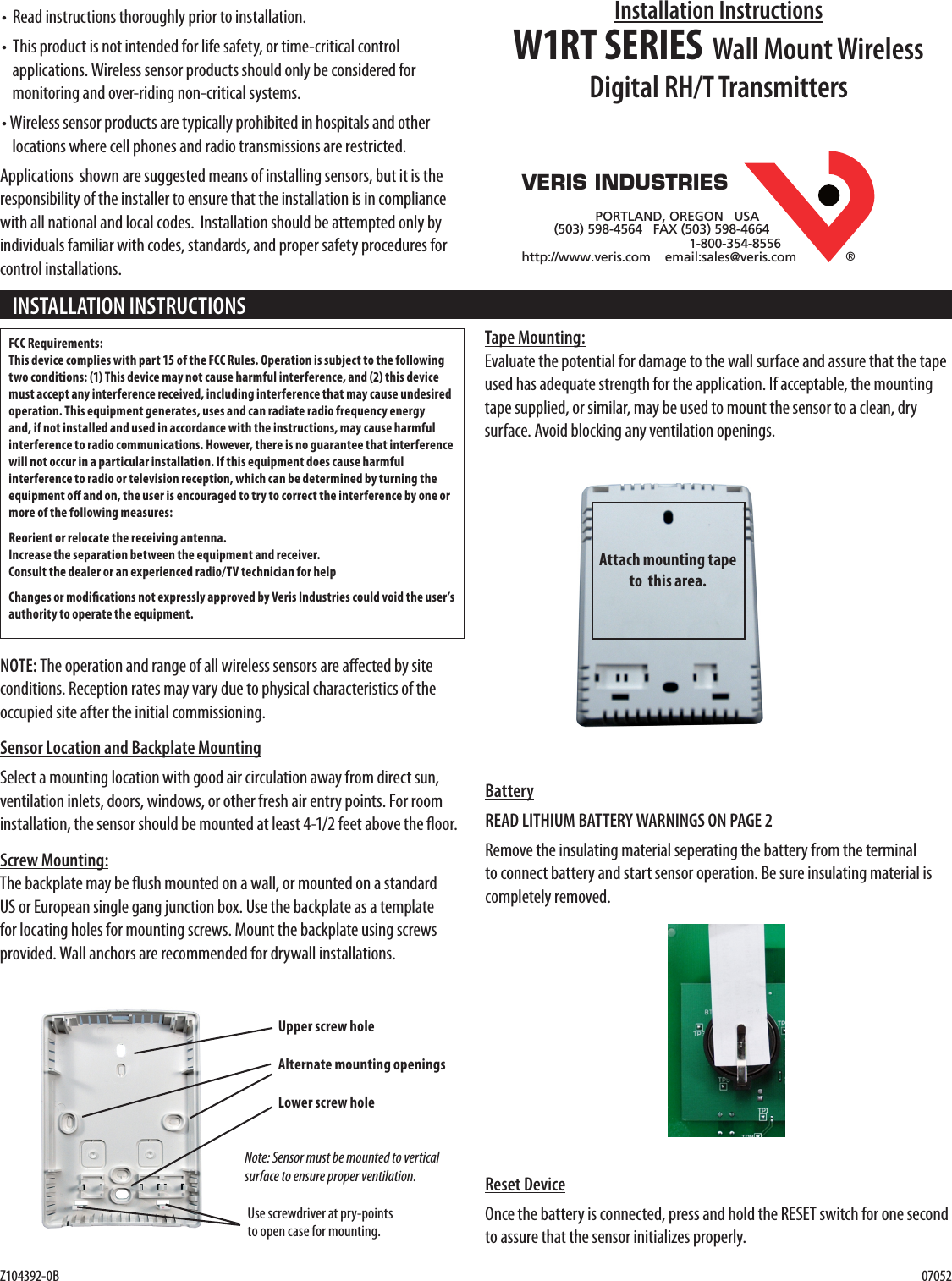 Veris TEMP-RH1 Temperature/rH transmitter User Manual W1RT i0b indd