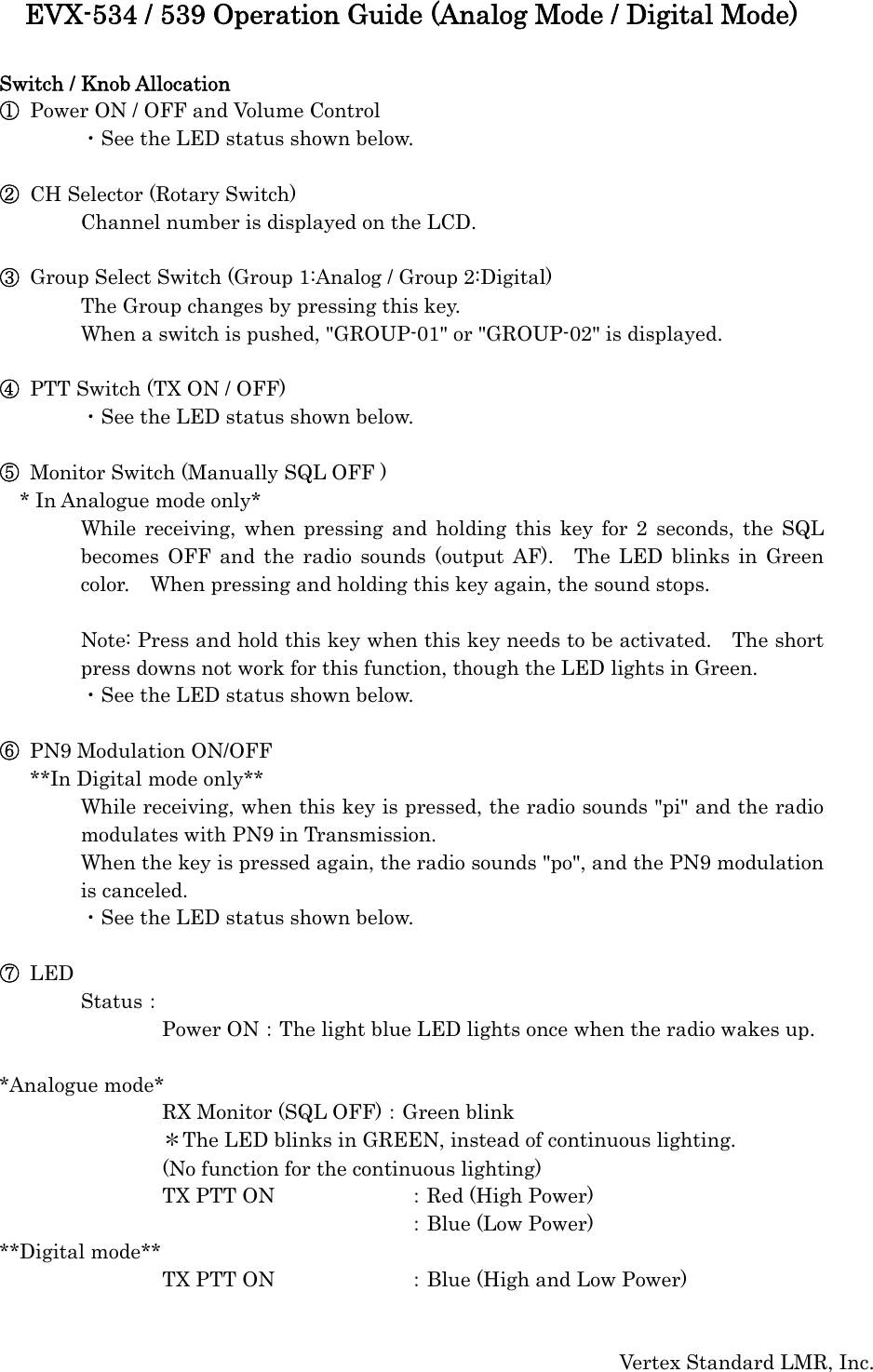 Vertex Standard USA 11154620 PORTABLE UHF TRANSCEIVER User Manual EVX ...