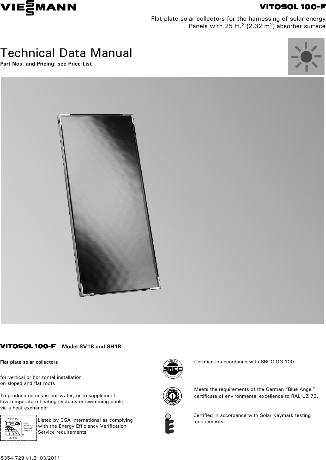 Viessmann Vitosol 100 F Technical Manual 5354 729 V1.3