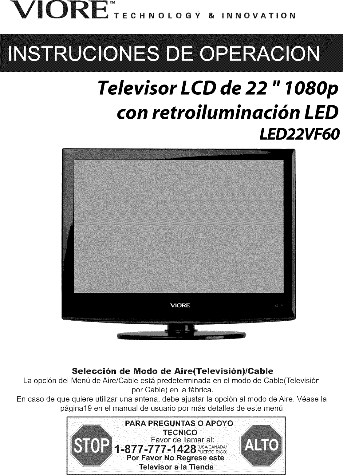 Viore LED22VF60 User Manual LED TELEVISION Manuals And Guides 1101098L