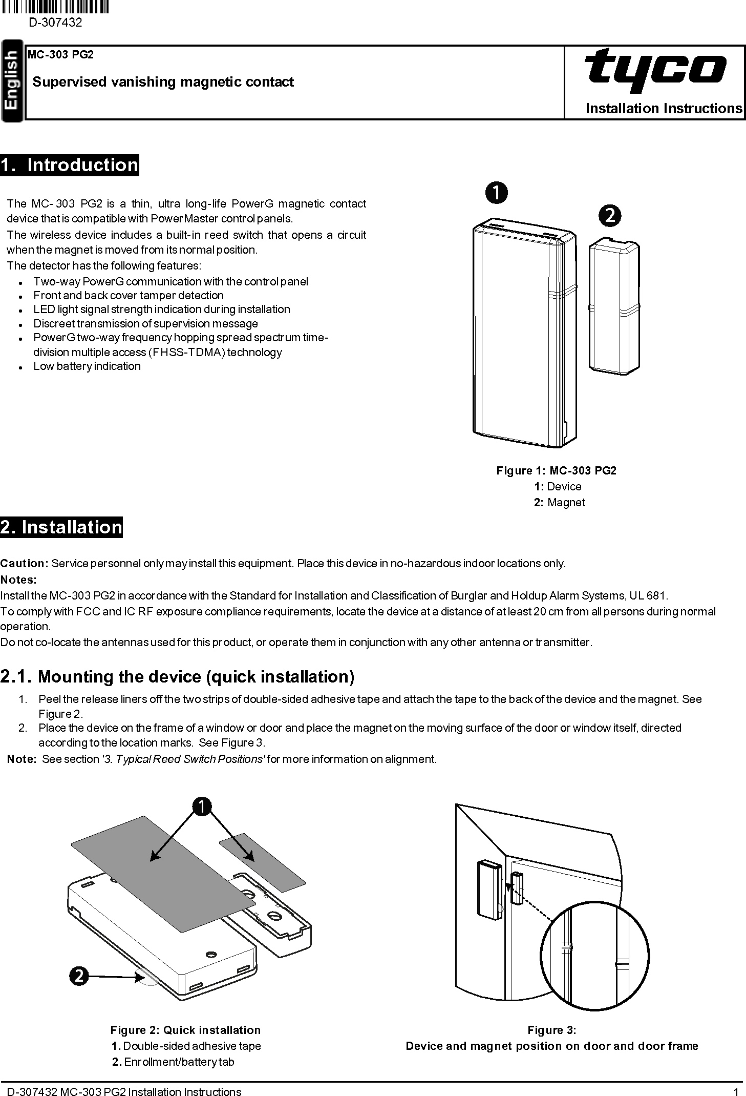 Visonic MC303PG2 Wireless indoor magnetic contact User Manual MC 303 ...