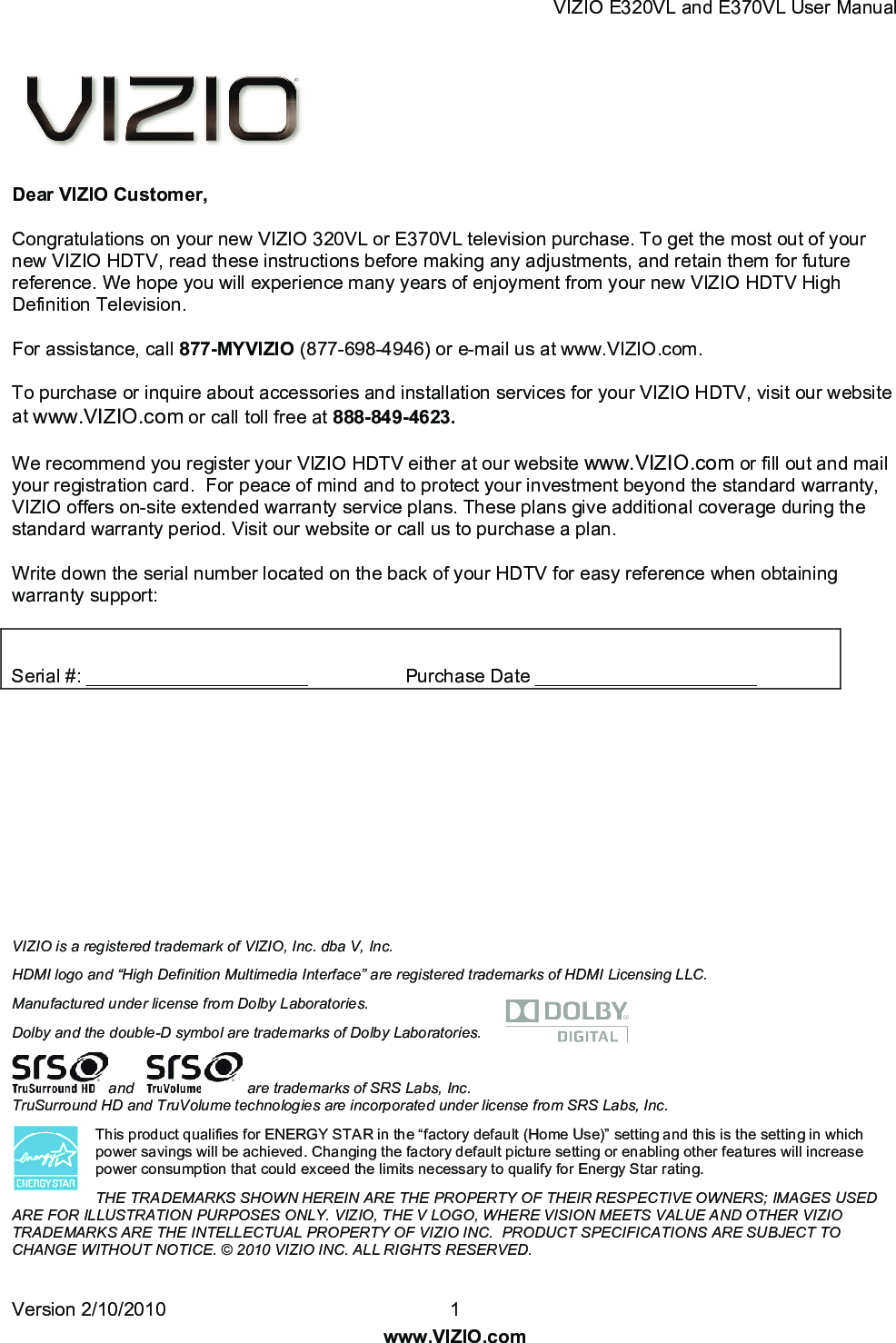 Vizio E320VL 10 0109 E320VL.E370VL Manual_2 User Manual To The 43574c35 ...