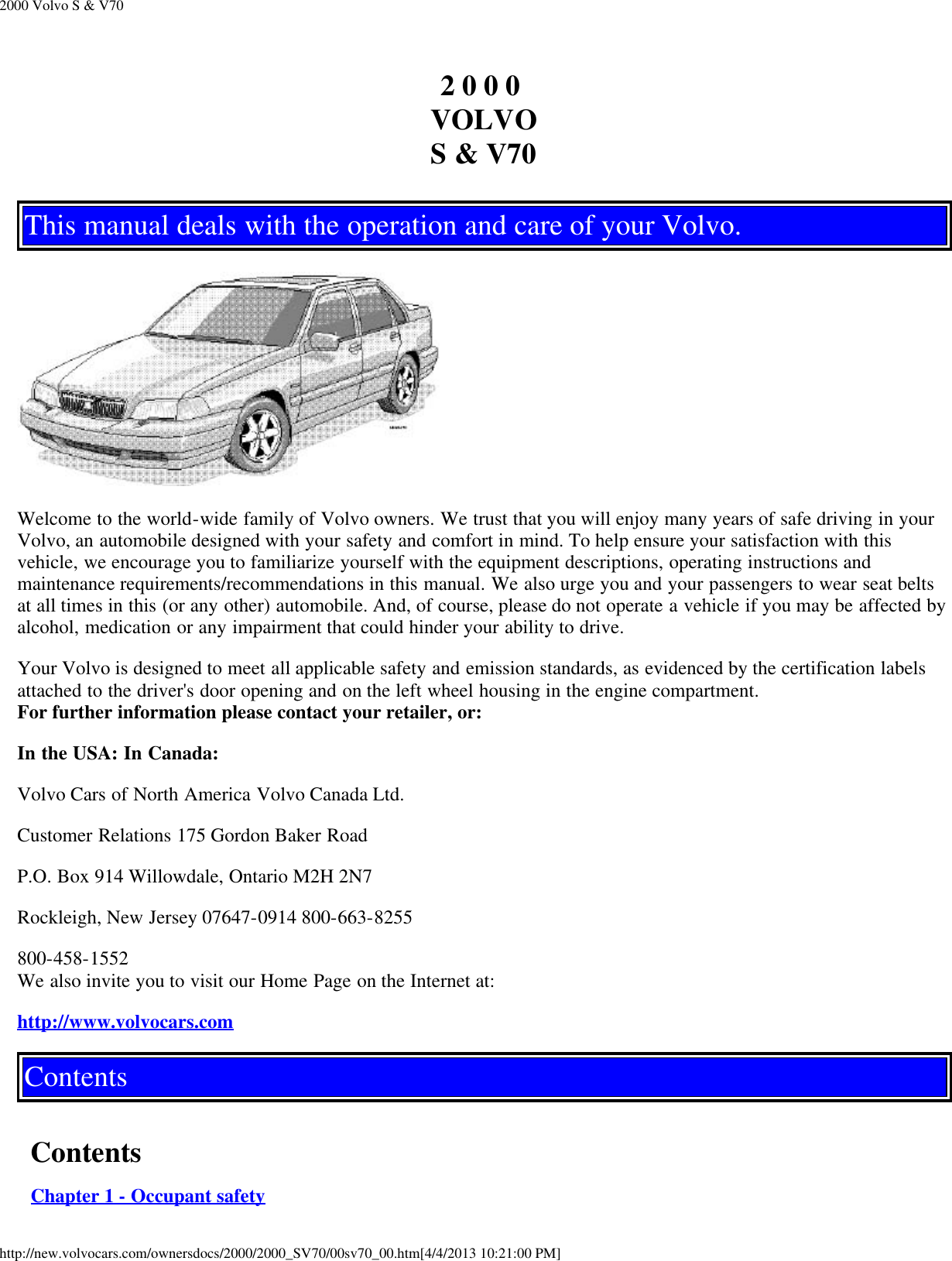 Volvo 2000 V70 And S70 Owners Manual