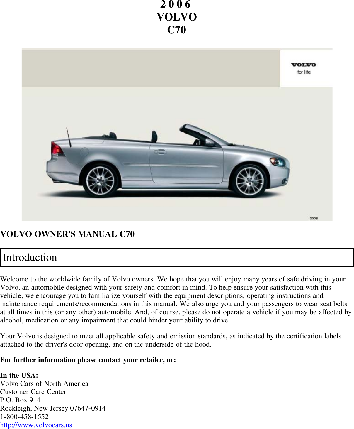 Volvo 2006 C70 Owners Manual