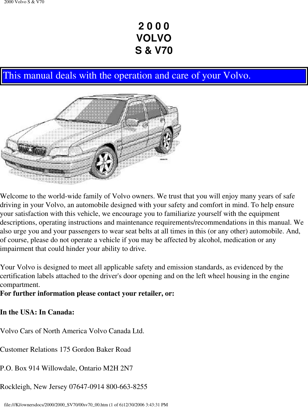 Volvo S70 Users Manual 2000 S & V70