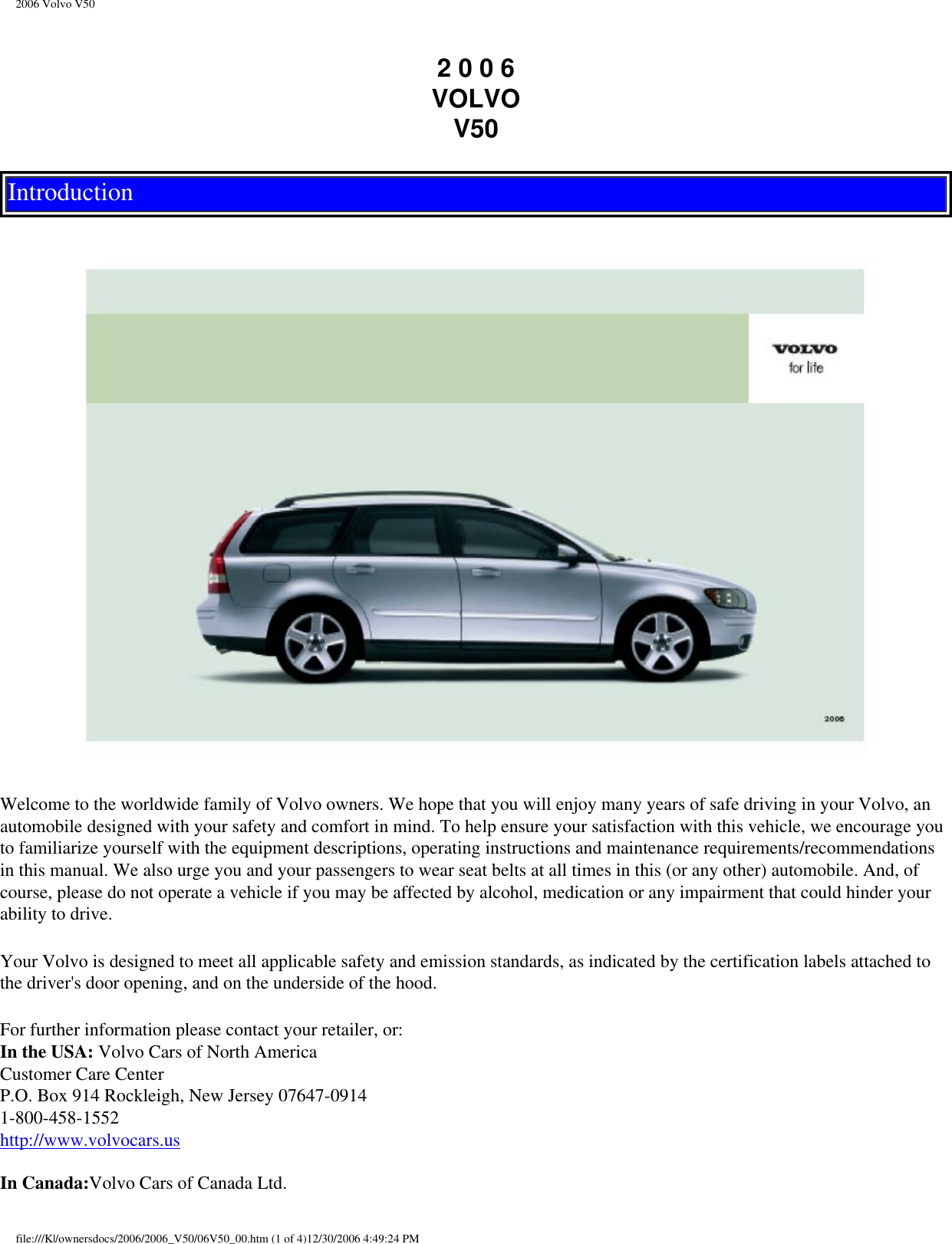 Volvo V50 Users Manual 2006