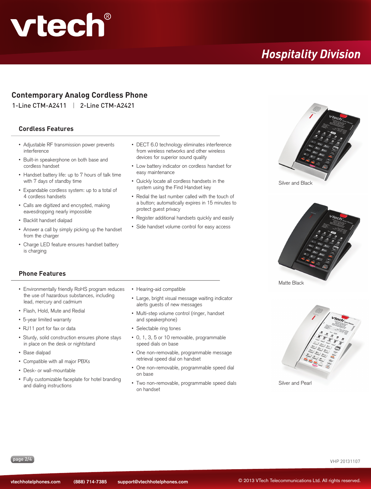 Vtech Ctm A242Sd Silver And Black Specification Sheet VTech_Hospitality ...