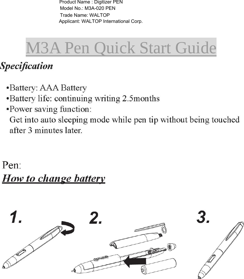WALTOP M3APEN Digitizer PEN User Manual M3A Pen Quick Start Guide