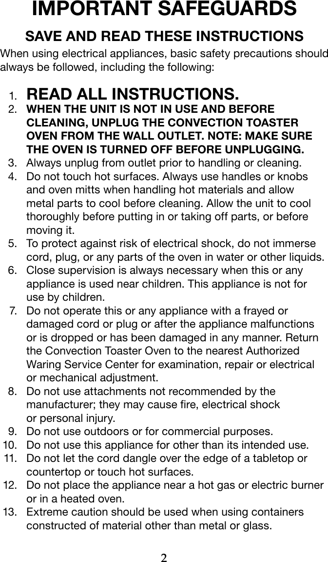 Waring Tco650 Users Manual Convection Toaster Oven Insruction Booklet