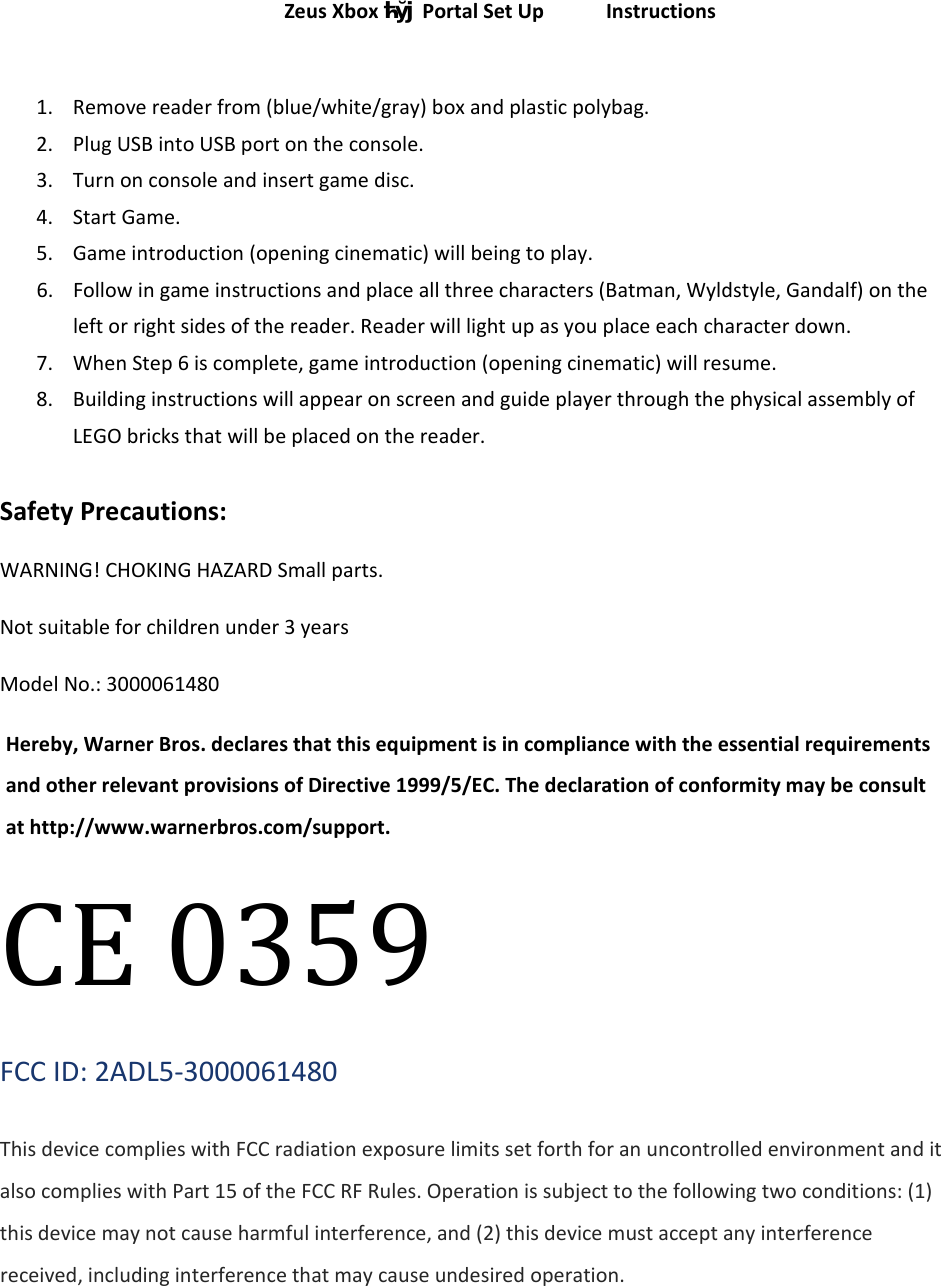 Warner Bros Home Entertainment 3000061480 ZEUS XBOX 360 PORTAL User Manual