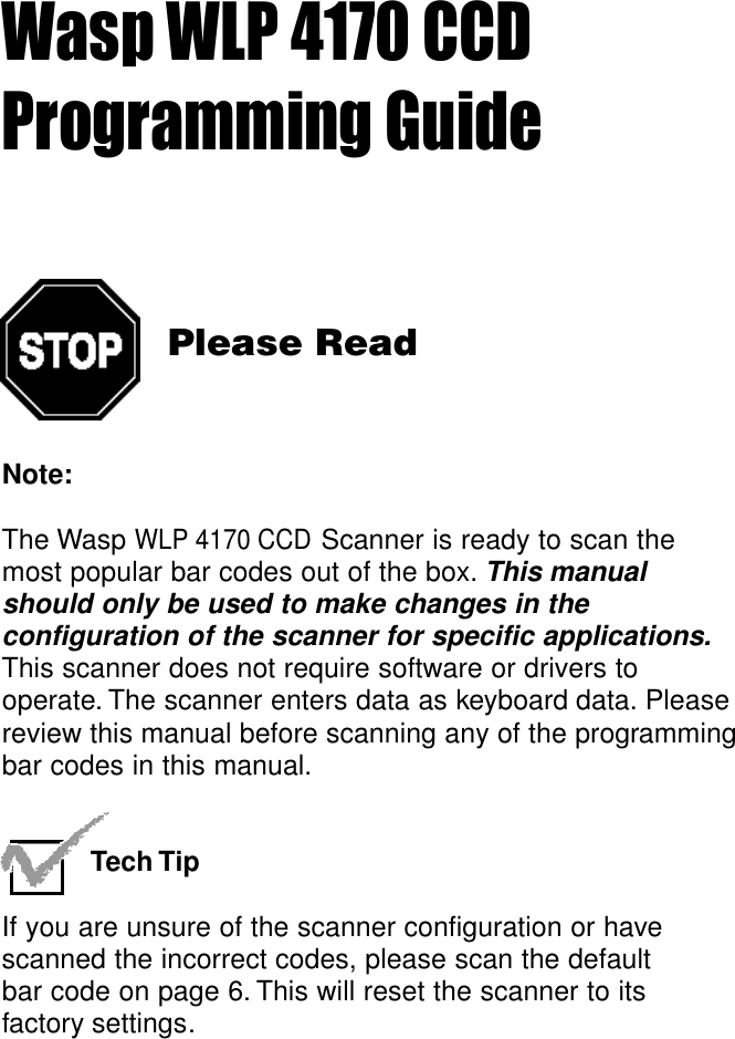 Wasp Bar Code Wlp 4170 Ccd Users Manual