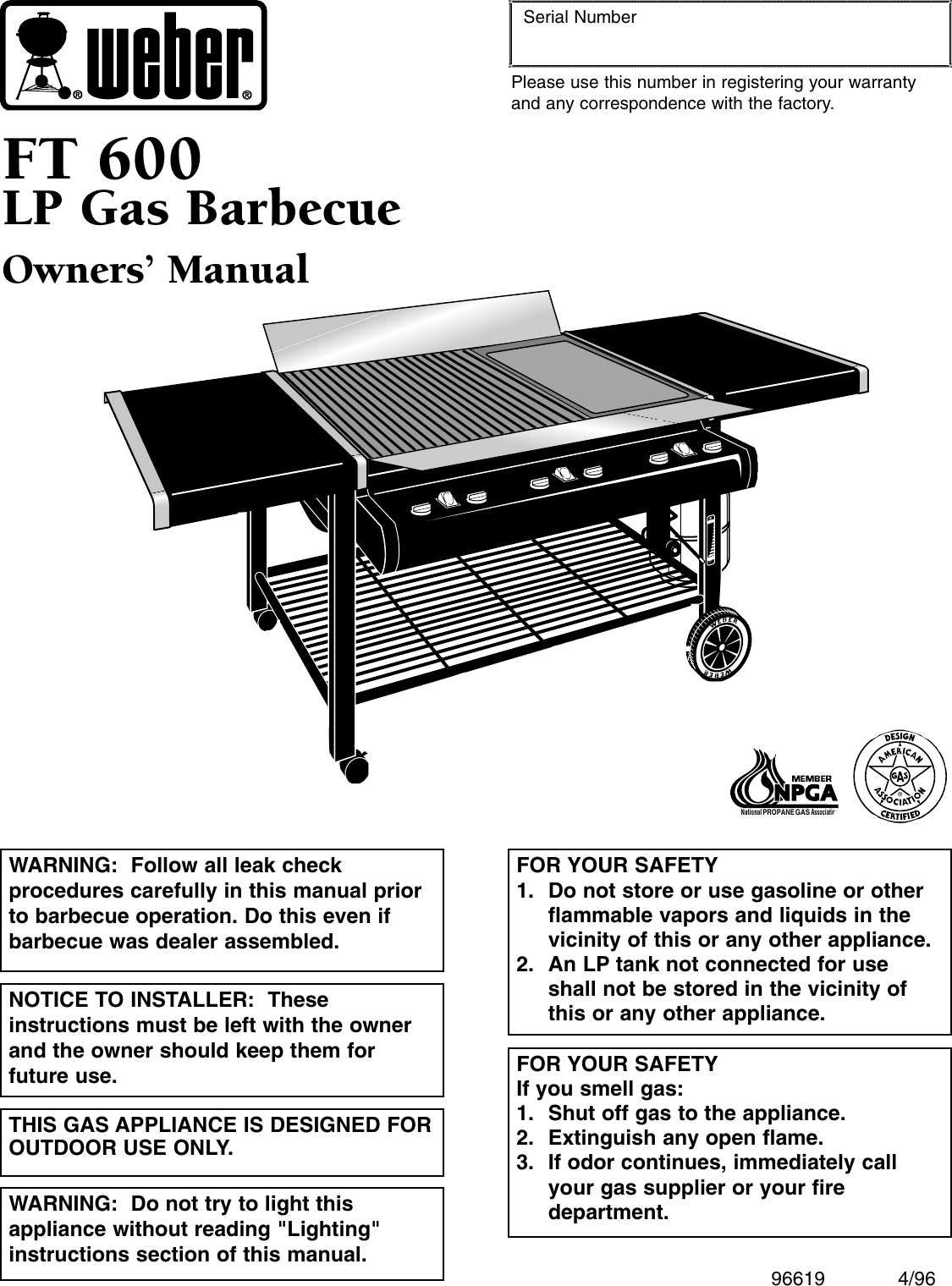Weber Ft 600 Owners Manual Summit LP 96619 4/1996