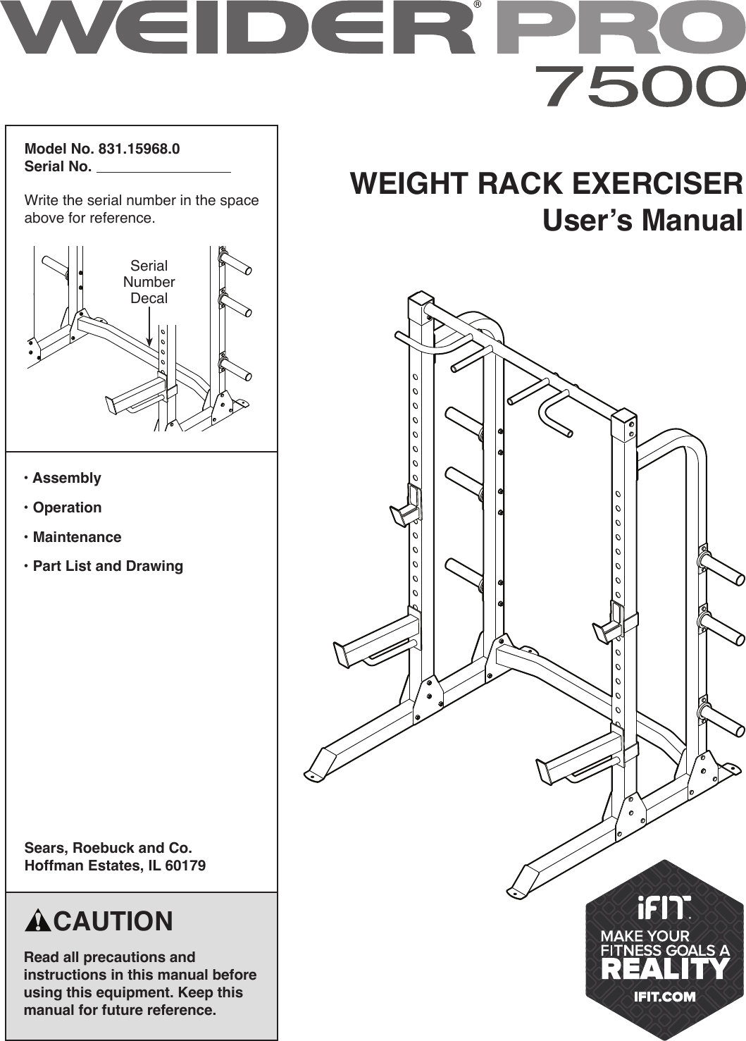 Weider 831159680 386036 User Manual PRO 7500 Manuals And Guides 1609173L