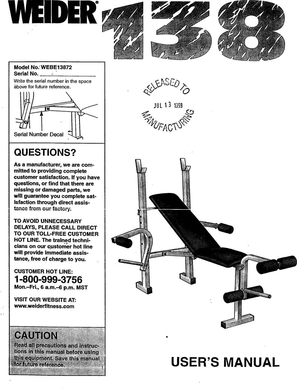 Weider 138 Bench Webe1387 Users Manual