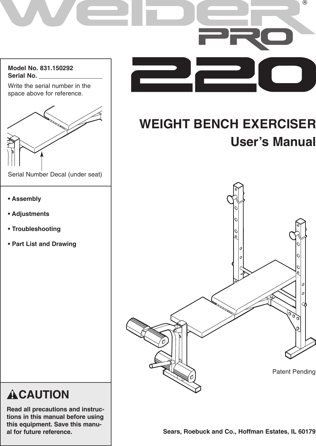 Weider 150292 Owner S Manual 150291 206758